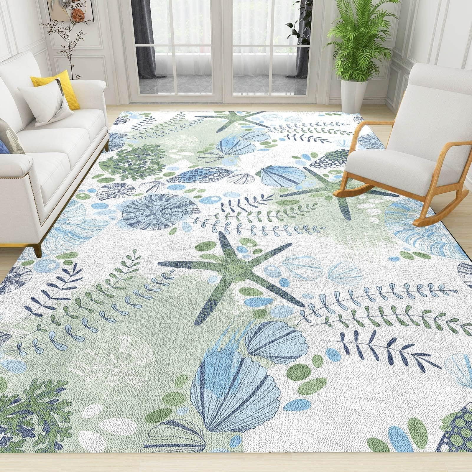 Nautical Coastal Ocean Area Rug, Blue Beach Creature Theme Indoor ...