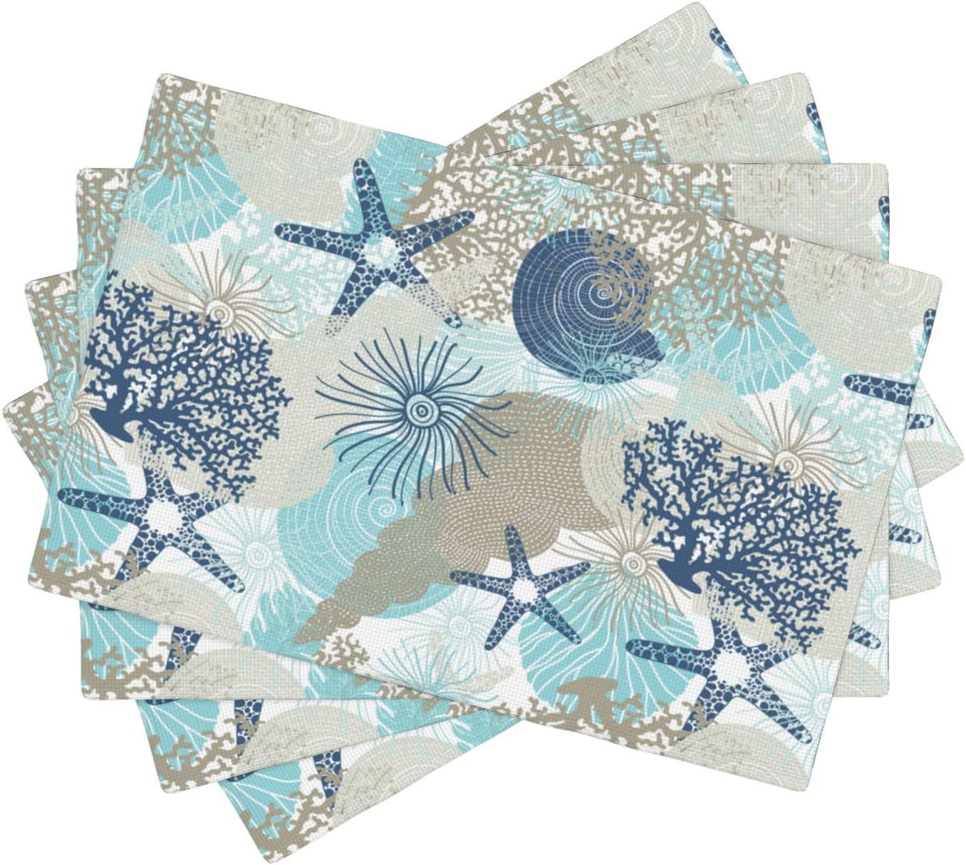Nautical Coastal Placemats, Ocean Beach Seashell Starfish Themed Table ...