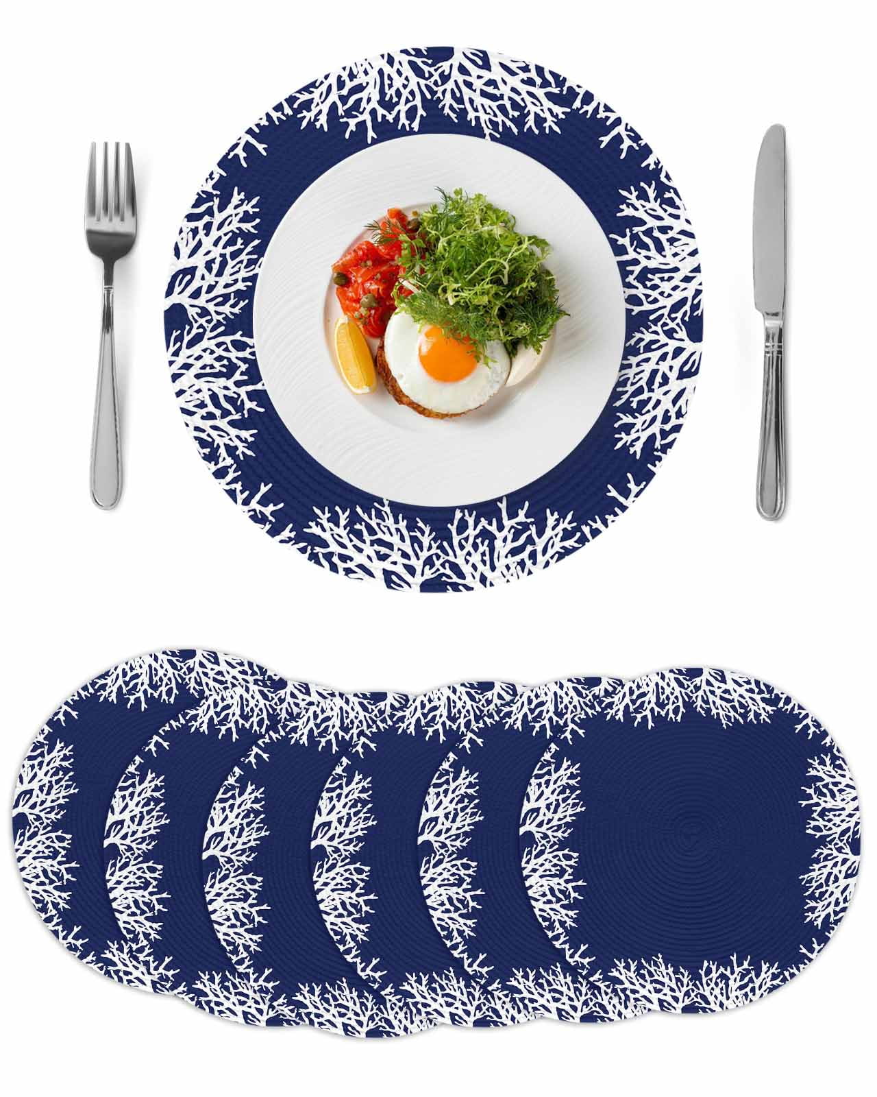Nautical Coastal Round Table Placemats set of 6, Ocean Coral Texture ...