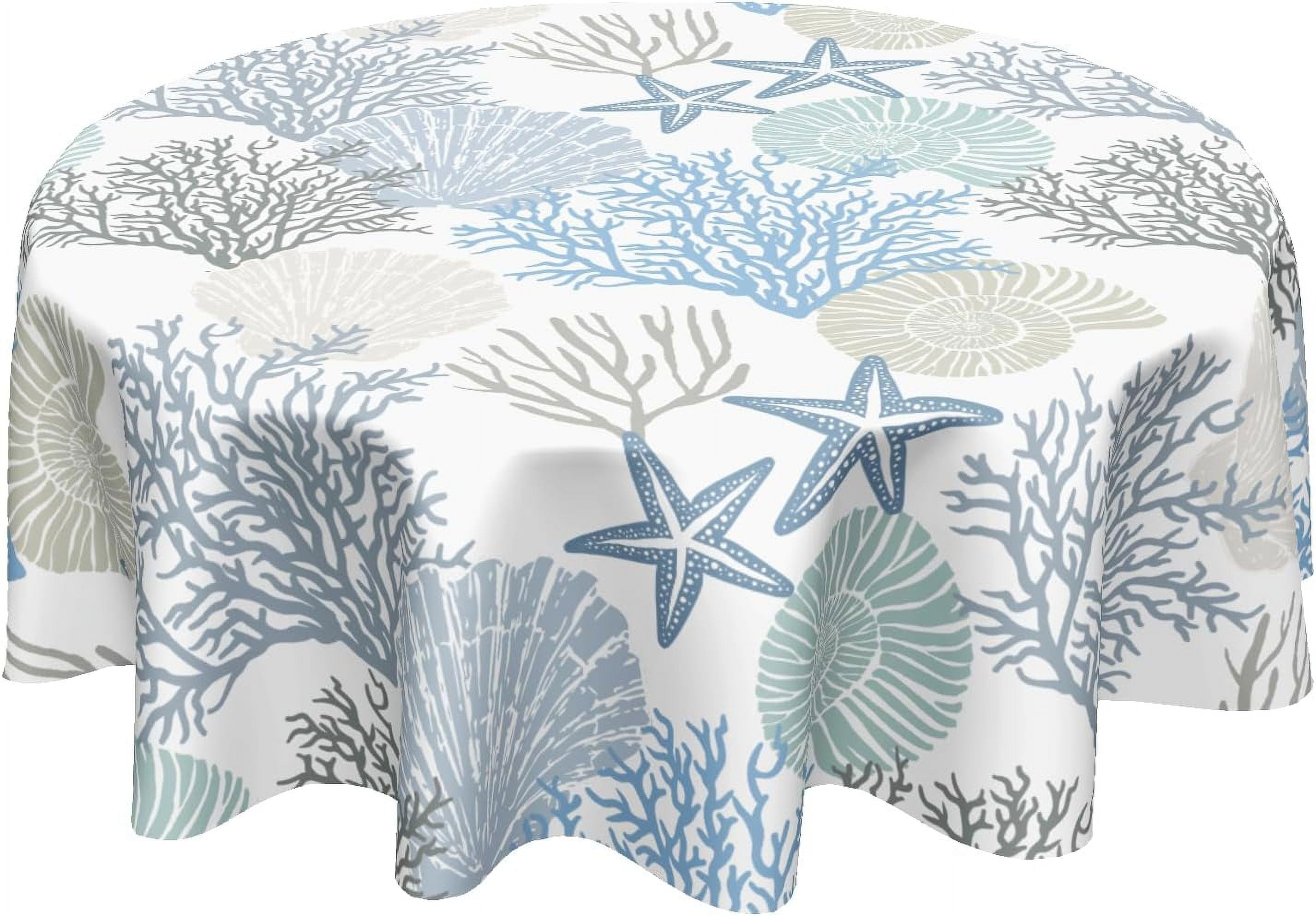 Nautical Coastal Round Tablecloth 60 Inch Summer Blue Ocean Coral ...