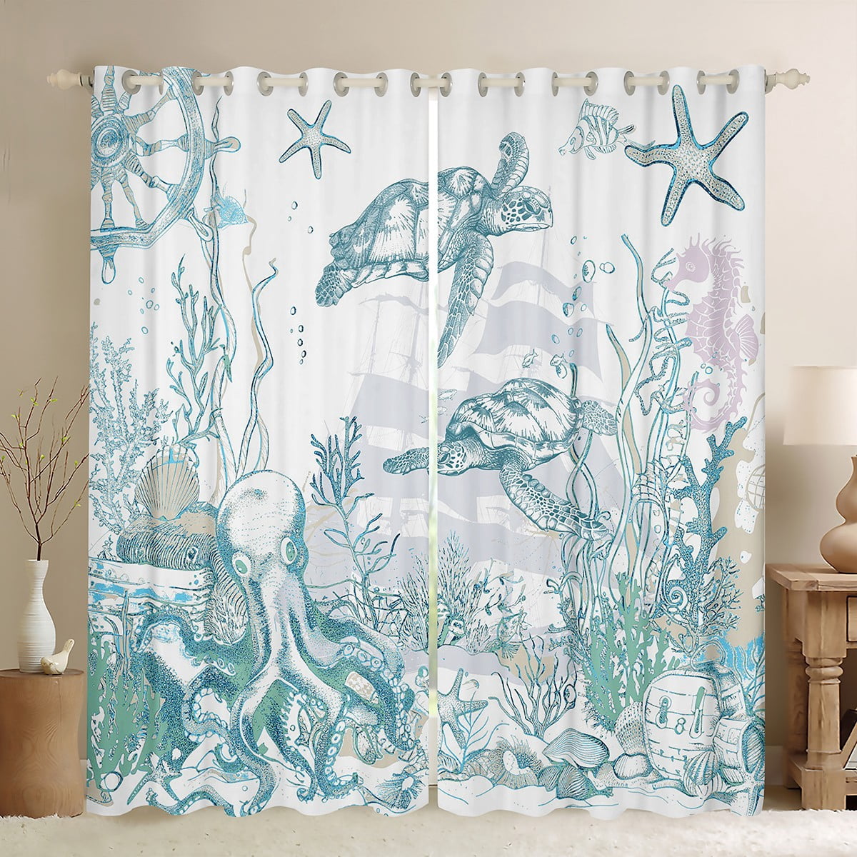 Nautical Coastal Sea Turtle 30%-50% Blackout Curtains for Bedroom Ocean ...