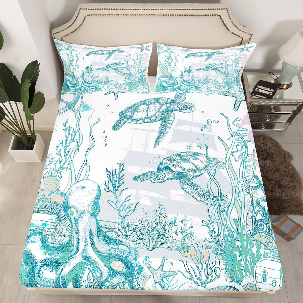 Nautical Coastal Sea Turtle Fitted Sheet Ocean Beach Bed Sheets Queen ...