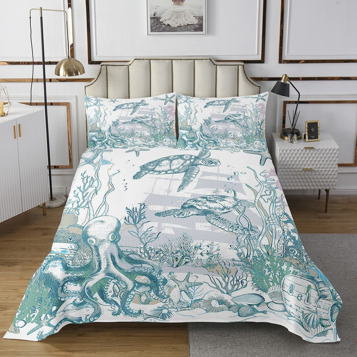 Nautical Coastal Sea Turtle Quilt Set Ocean Beach Bedspread Set King ...