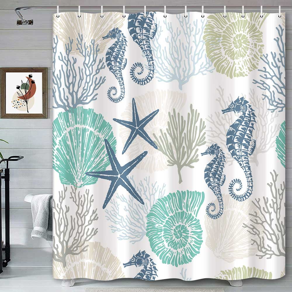 Nautical Coastal Shower Curtain for Bathroom, Ocean Themed Starfish ...