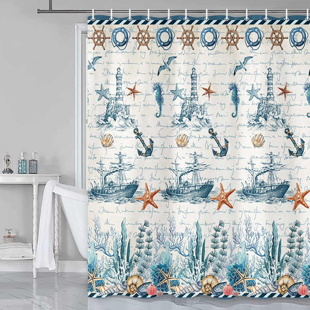 Nautical Coastal Shower Curtain for Bathroom, Vintage Sailboat Compass ...