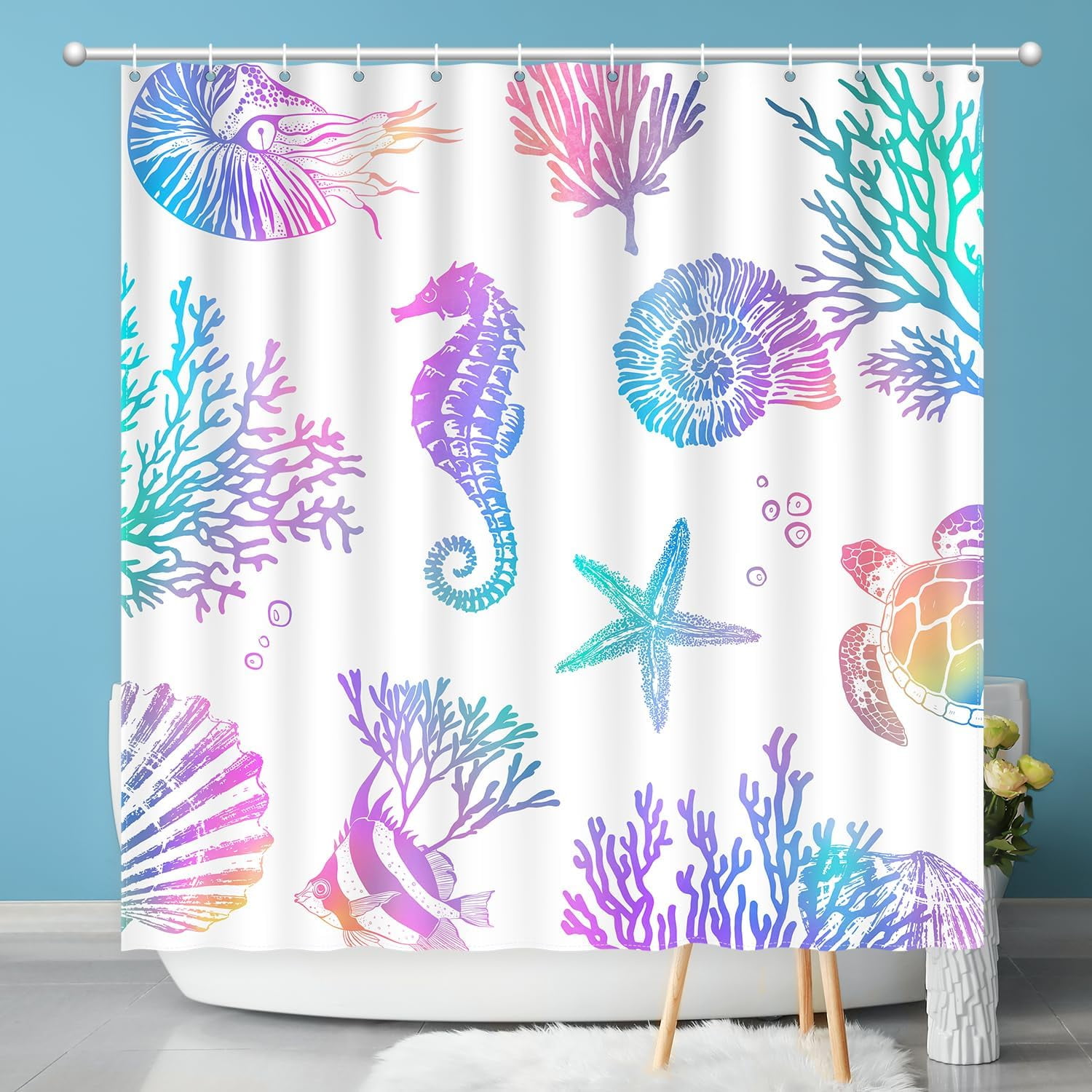 Nautical Coastal Shower Curtain, Beach Shower Curtain Sea Horse Coral ...