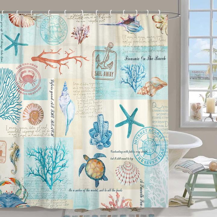 Nautical Coastal Shower Curtain, Beach Theme Shower Curtain Set for ...
