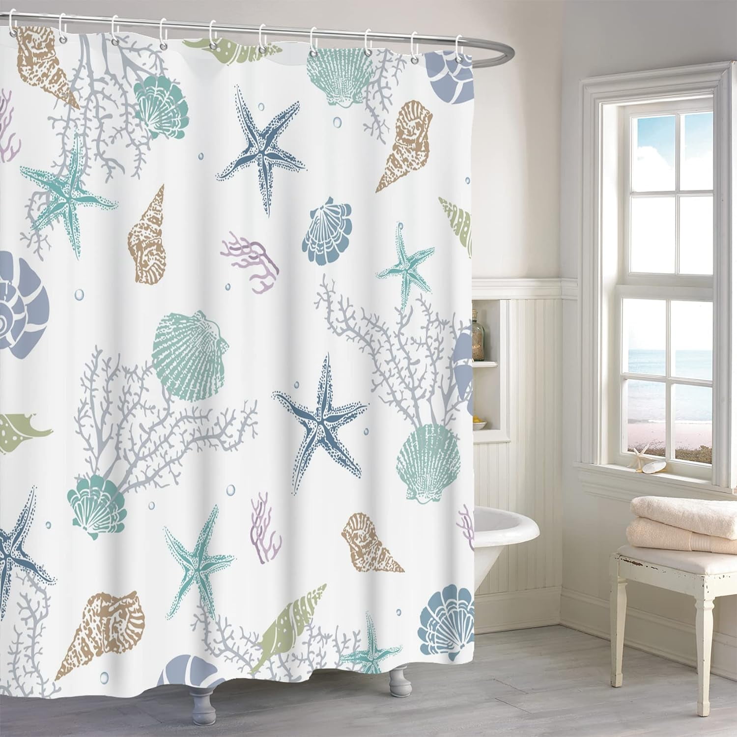 Nautical Coastal Shower Curtain, Coral Conch Starfish Seashell Bathroom ...