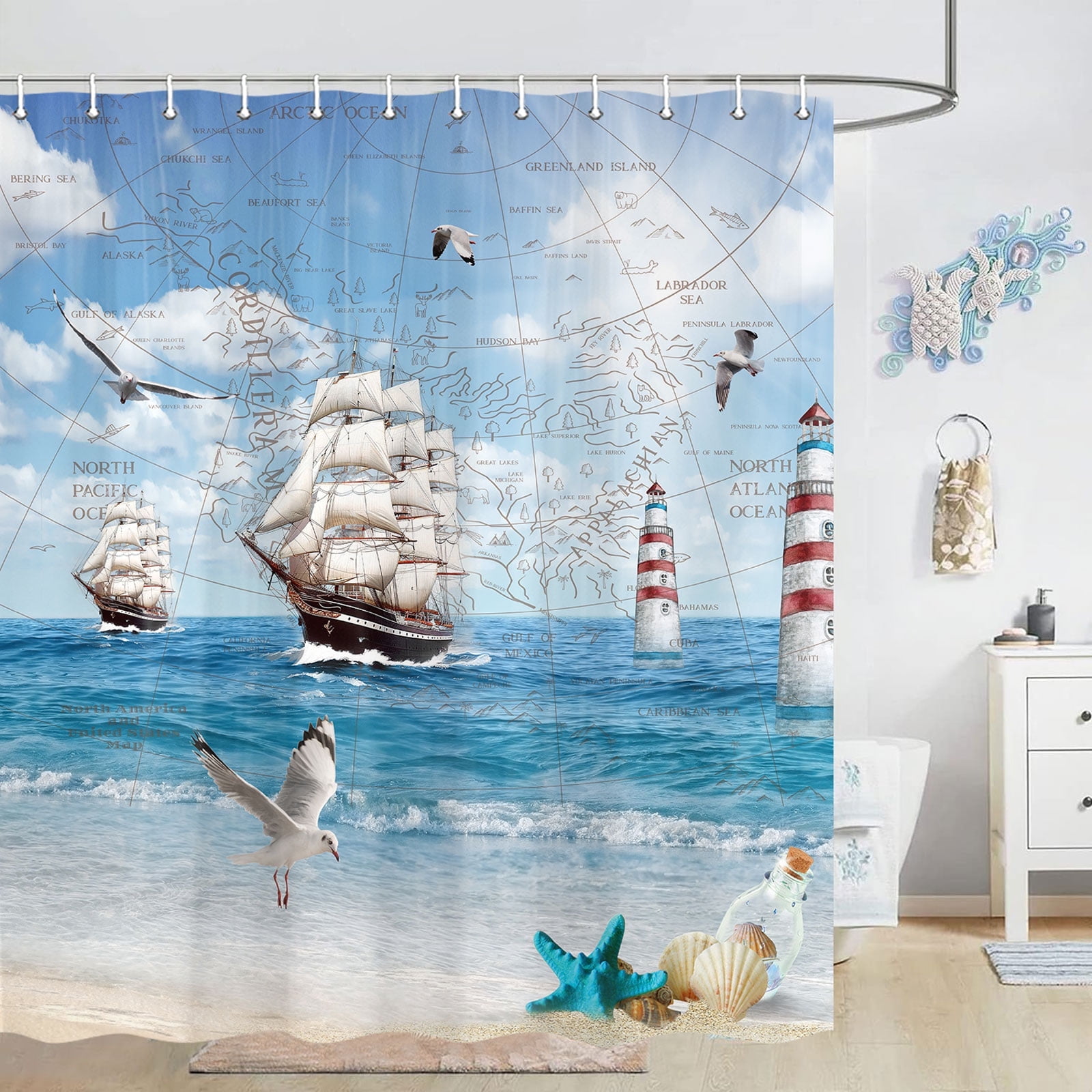 Nautical Coastal Shower Curtain, Lighthouse Ocean Beach Shower Curtains ...