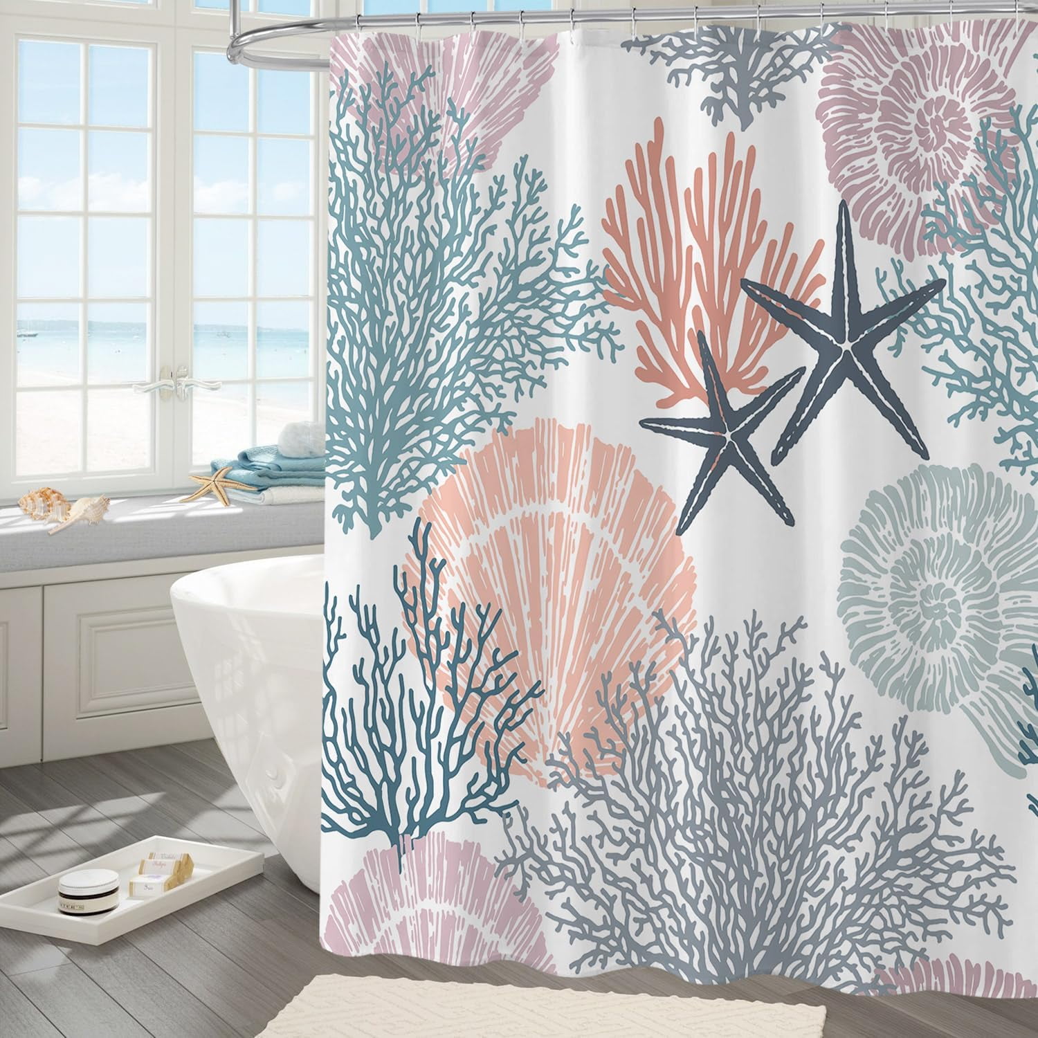 Nautical Coastal Shower Curtain, Ocean Beach Seashell Starfish Themed ...