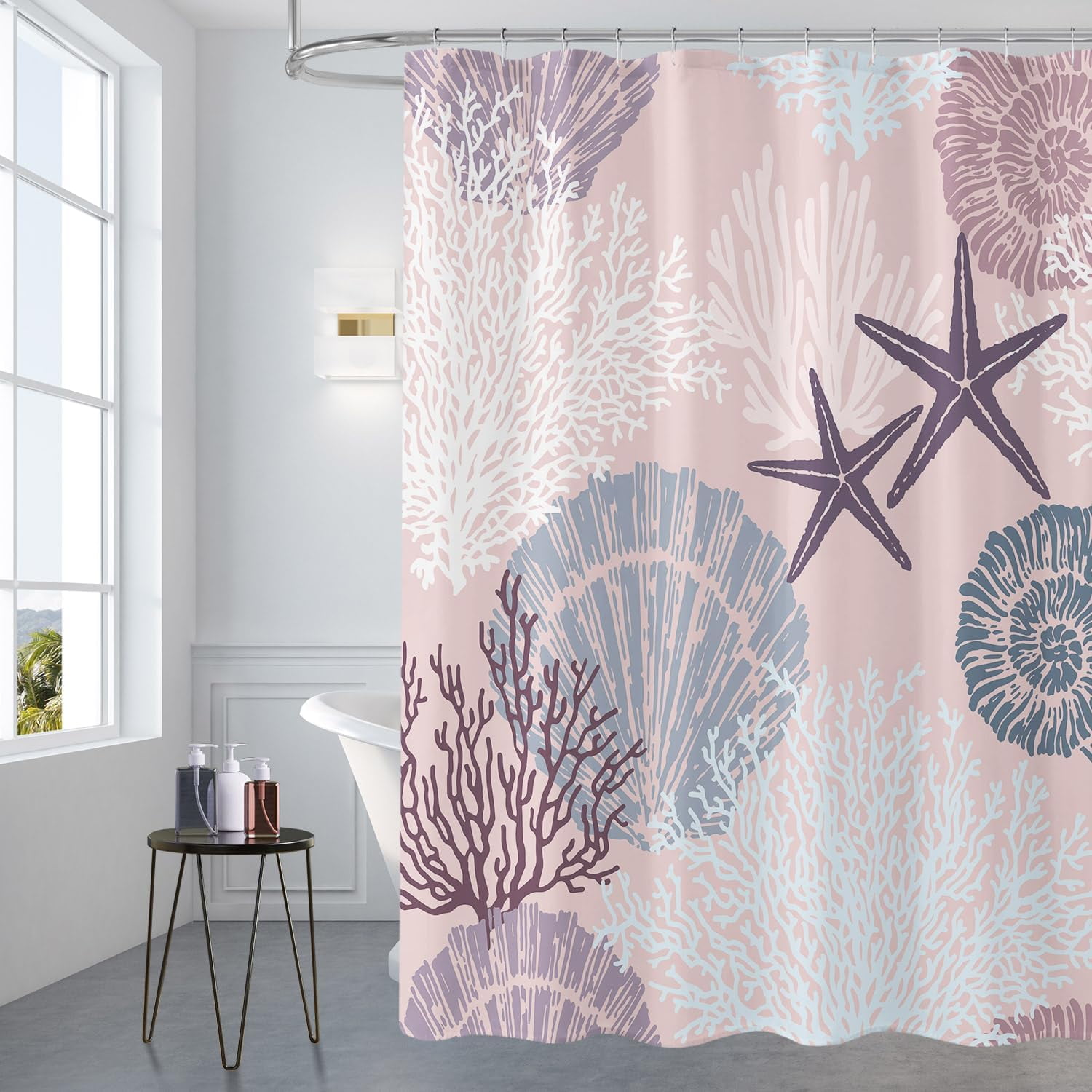 Nautical Coastal Shower Curtain, Ocean Beach Seashell Starfish Themed ...
