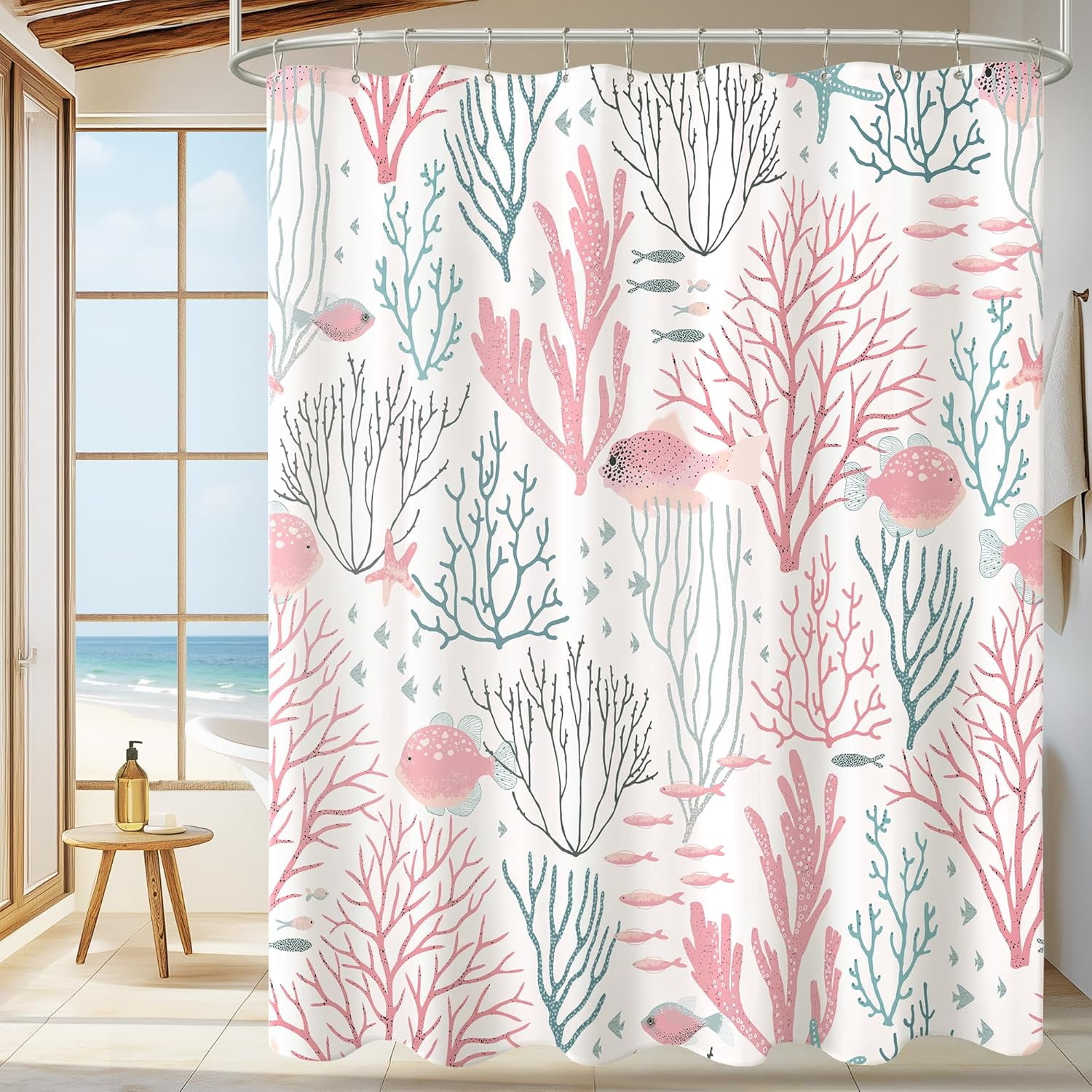 Nautical Coastal Shower Curtain, Pink Cute Beach Ocean Theme Fabric ...