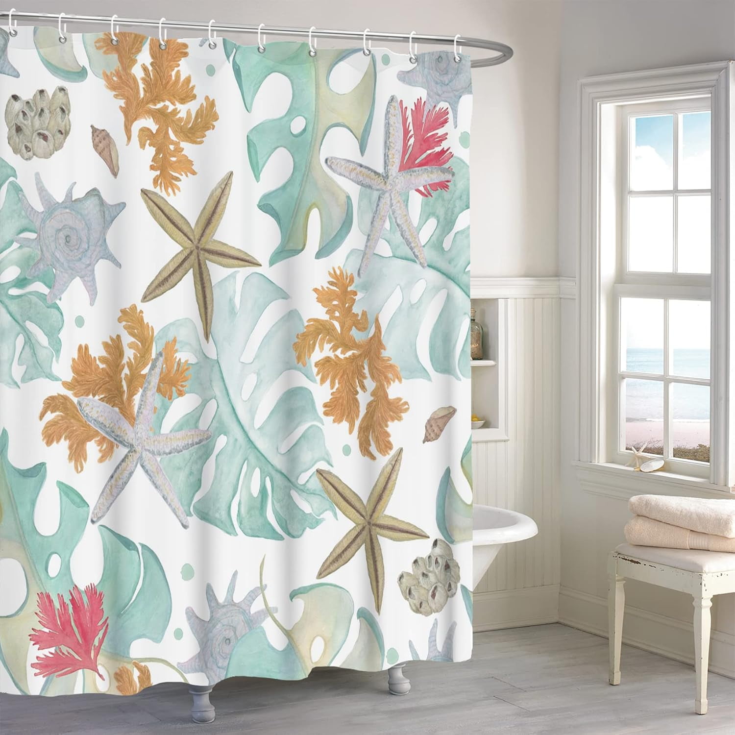 Nautical Coastal Shower Curtain, Starfish Conch Seashell Sea Anemone Leaves Bathroom Curtain ...
