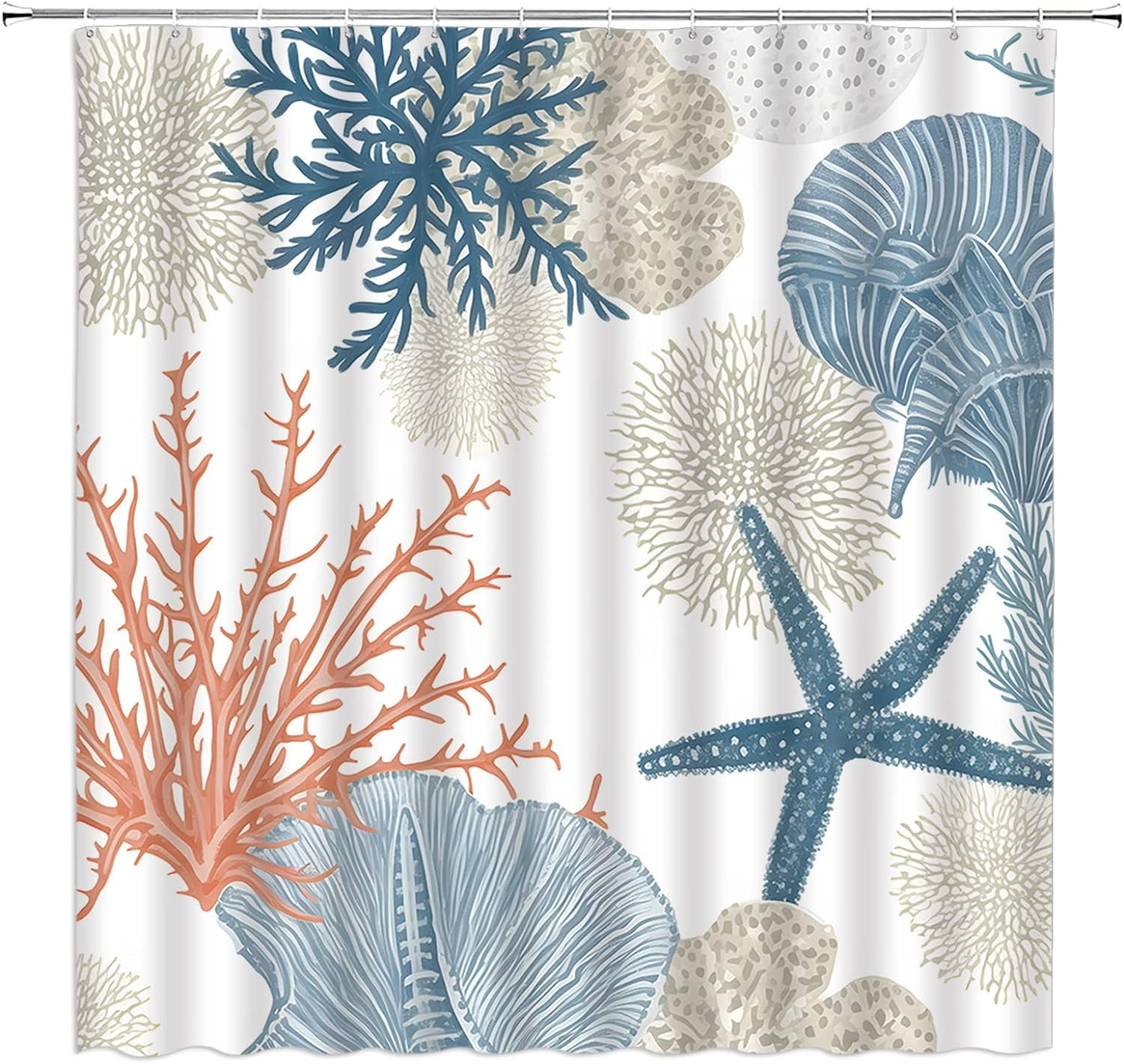 Nautical Coastal Shower Curtains Coral Starfish Seashell Beach Ocean ...