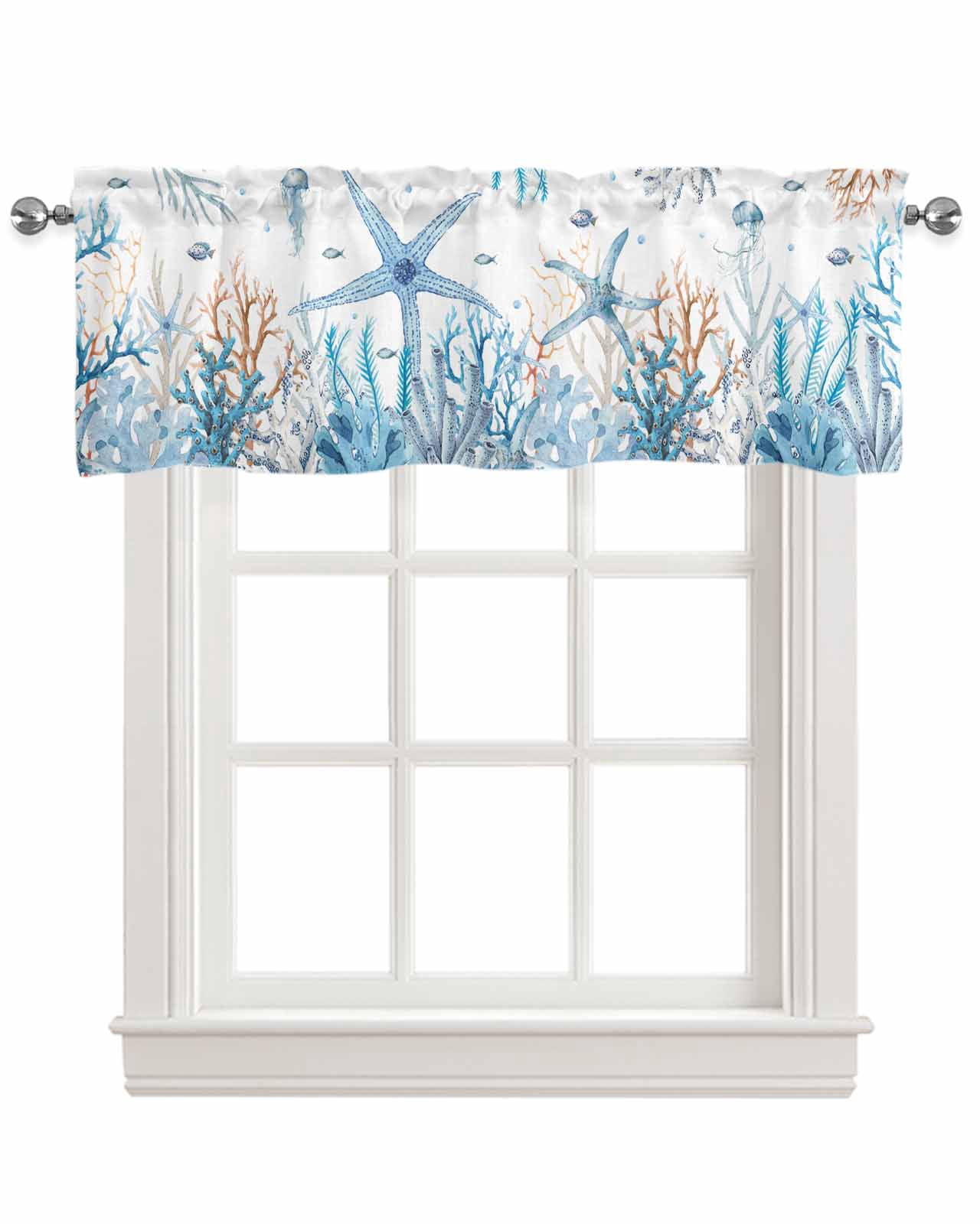 Nautical Coastal Starfish Linen Curtain Valance for Bedroom/Bathroom ...