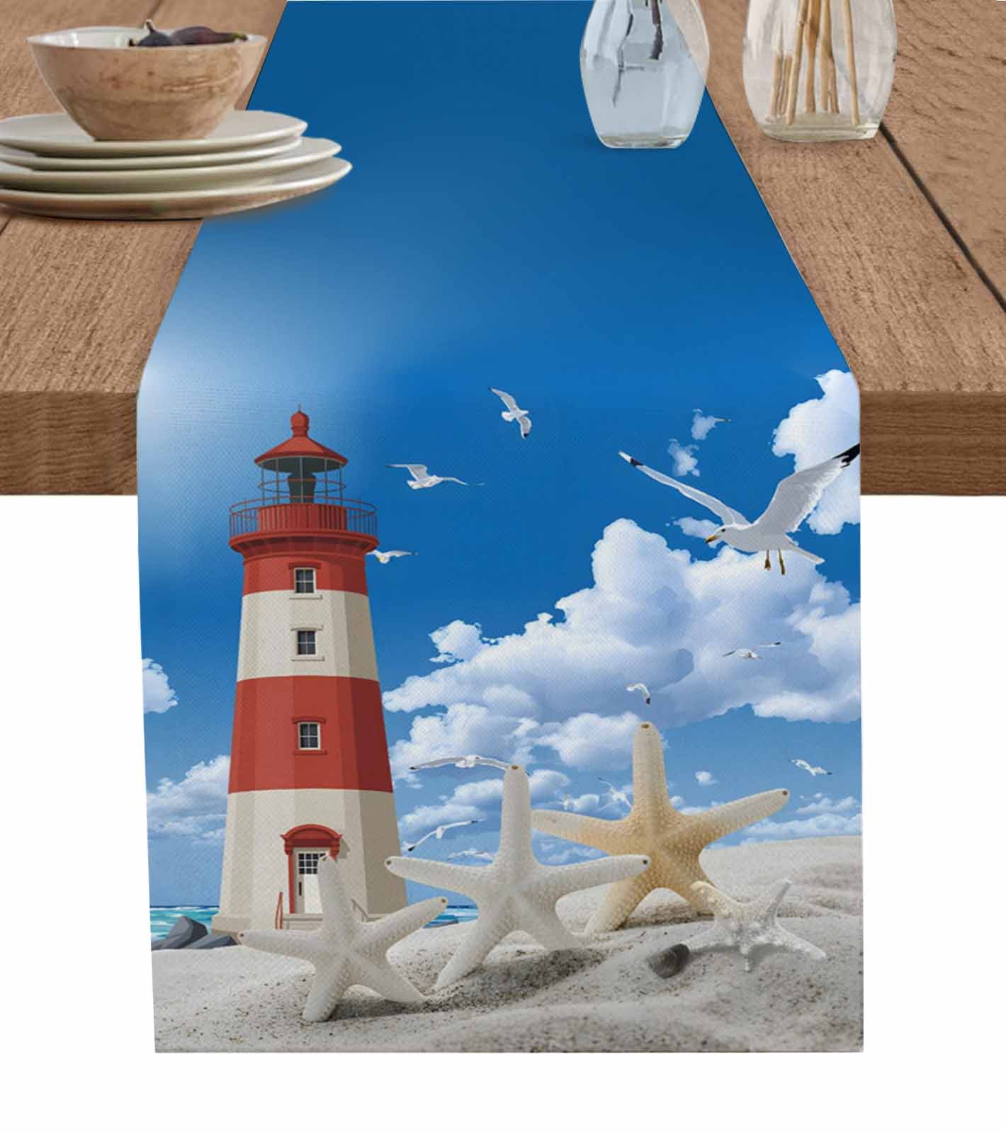 Nautical Coastal Table Runner 90 Inches, Ocean Sea Starfish Lighthouse ...
