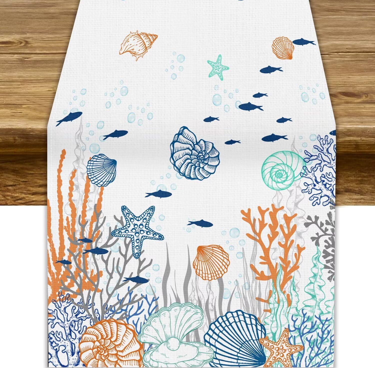 Nautical Coastal Table Runner, Starfish Seashell Coral Beach Ocean ...