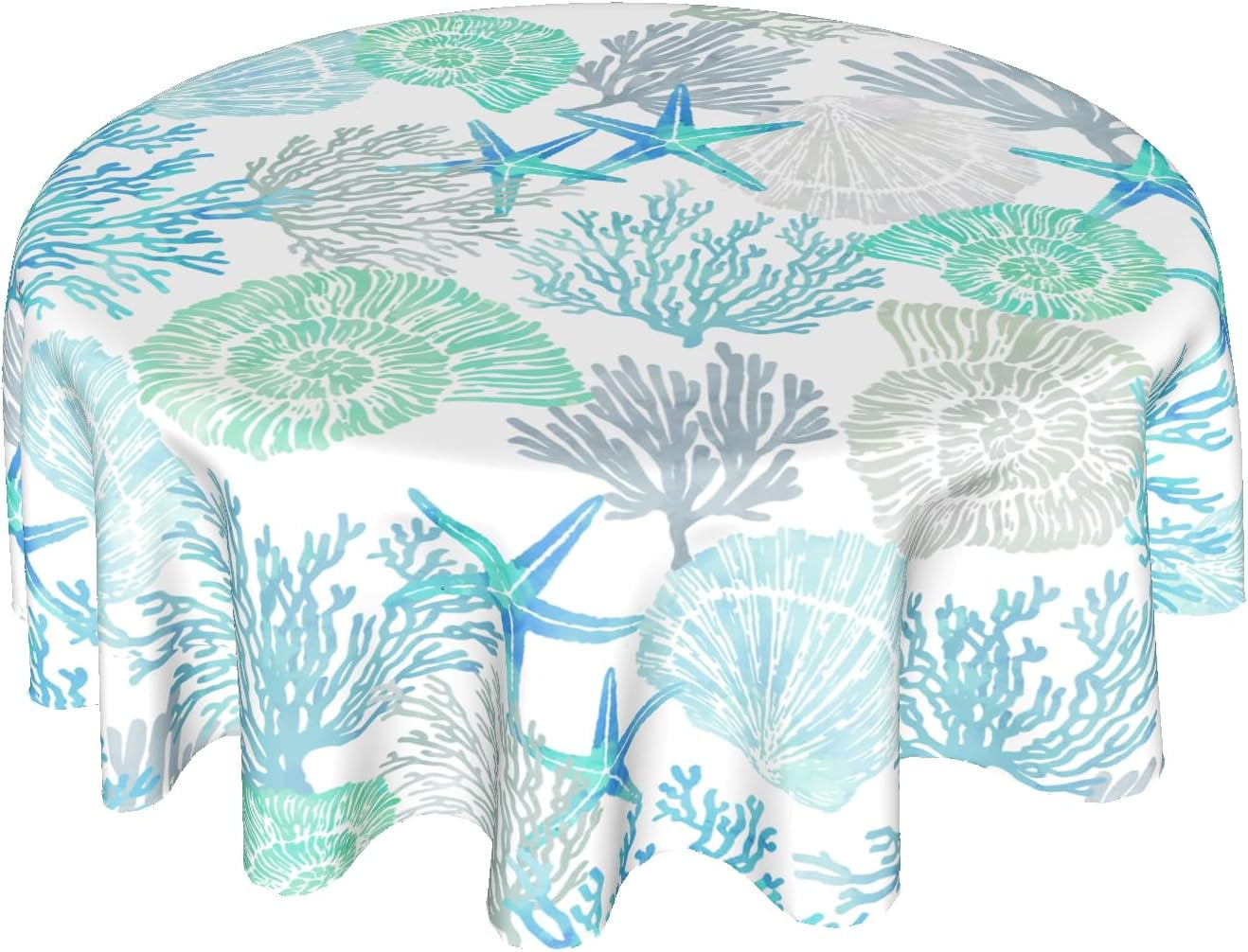 Nautical Coastal Tablecloth Round 60 Inch, Ocean Turquoise Blue Coral ...