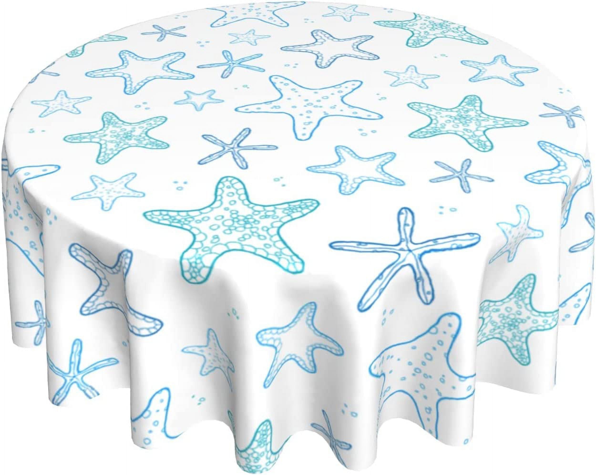 Nautical Coastal Tablecloth Round 60 Inch Rustic Blue Ocean Starfish ...