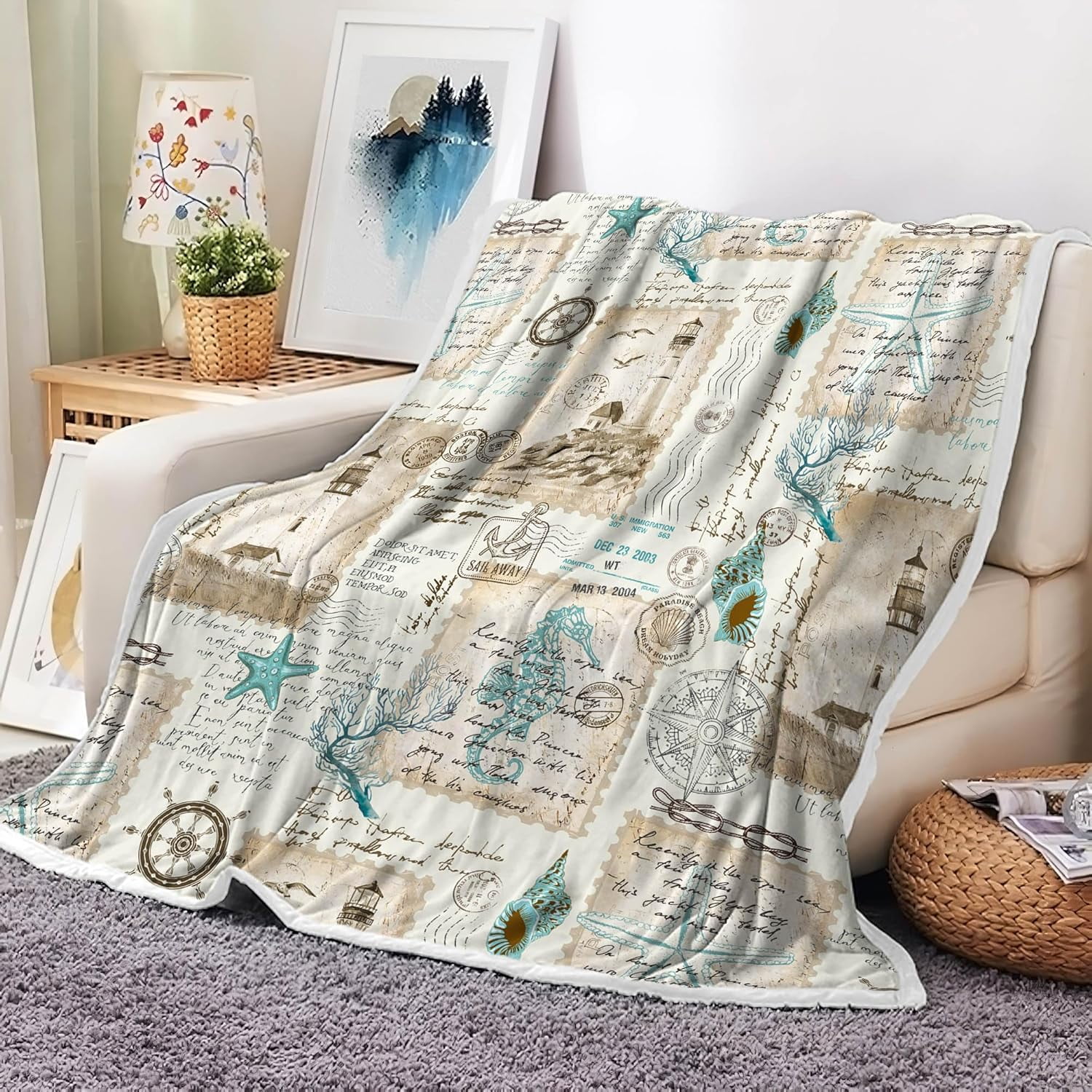 Nautical Coastal Throw Blanket, Ocean Lighthouse Beach Themed Super ...
