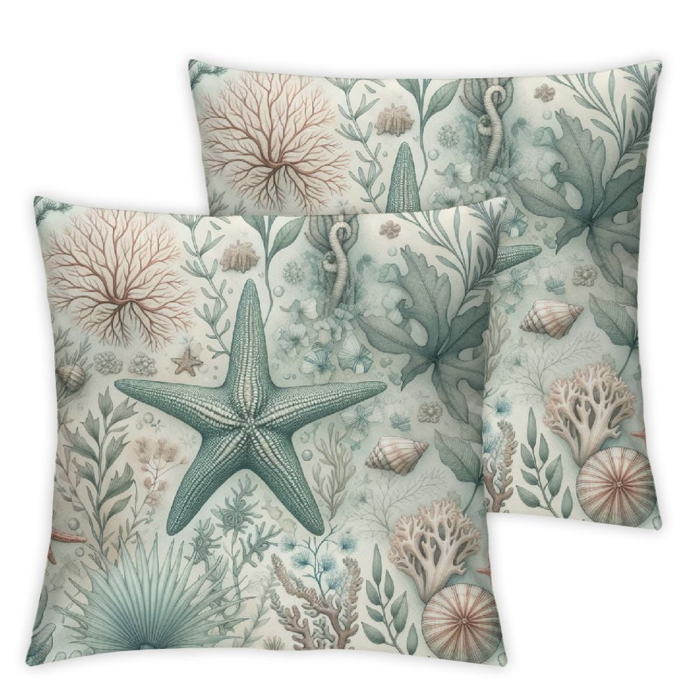 Nautical Coastal Throw Pillow Set of 2 Beach Theme Blue Seashell Pillow ...