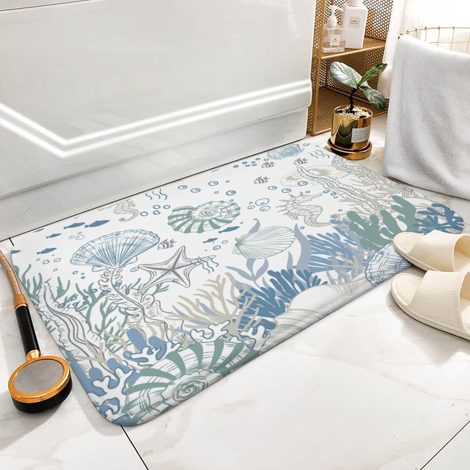 Nautical Coastal Tropical Conch Starfish Seashell Beach Theme Bath Rugs ...