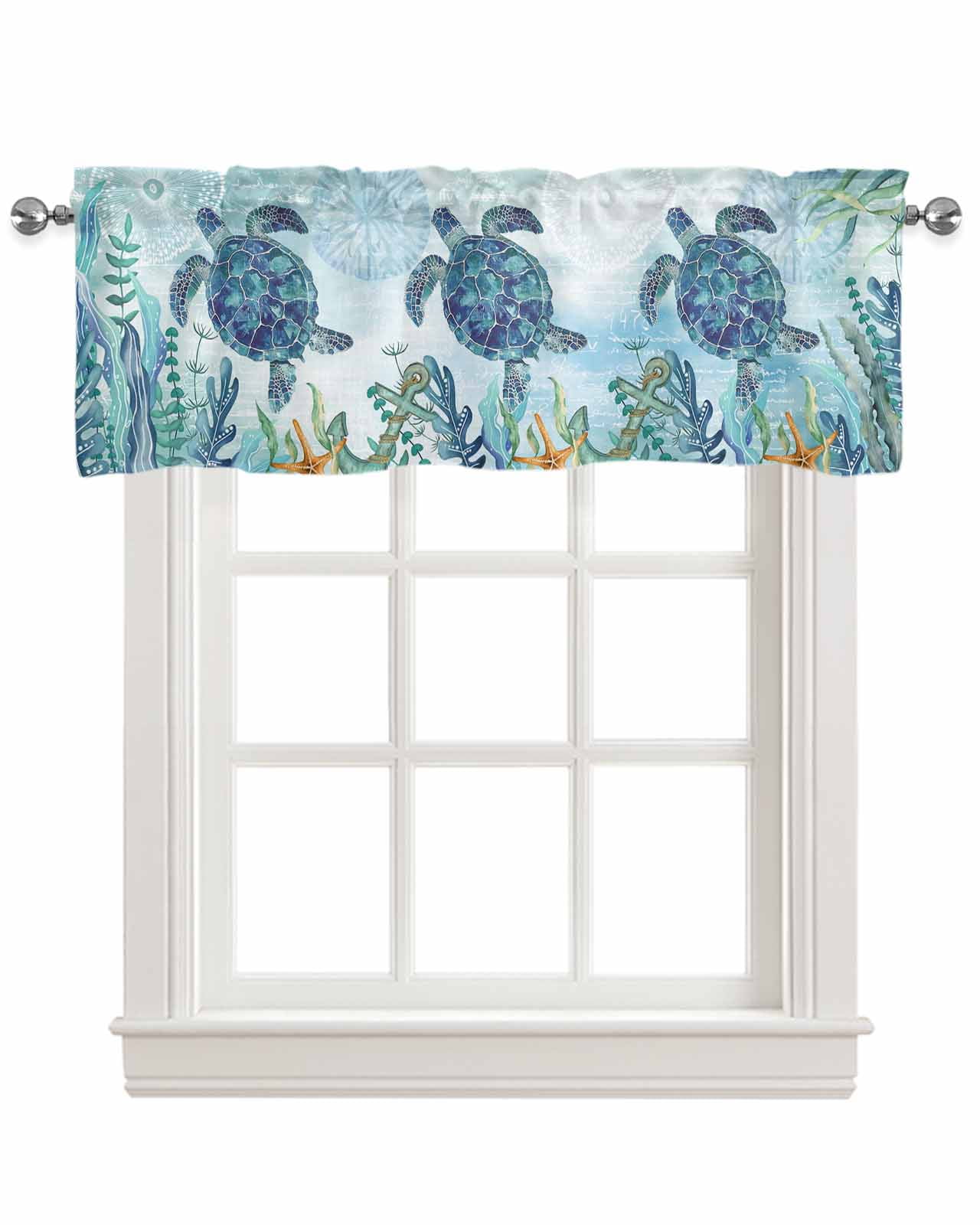Nautical Coastal Turtle Linen Curtain Valance for Bedroom/Bathroom ...