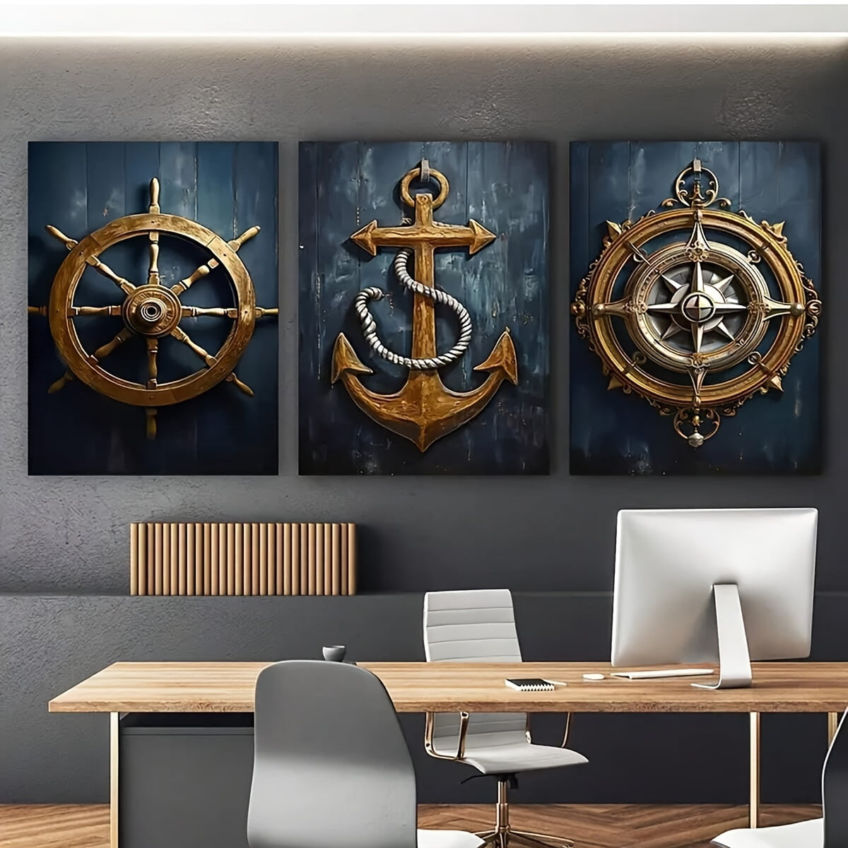 Nautical Coastal Wall Art Prints Set of 3, Ship Helm, Anchor, Compass ...