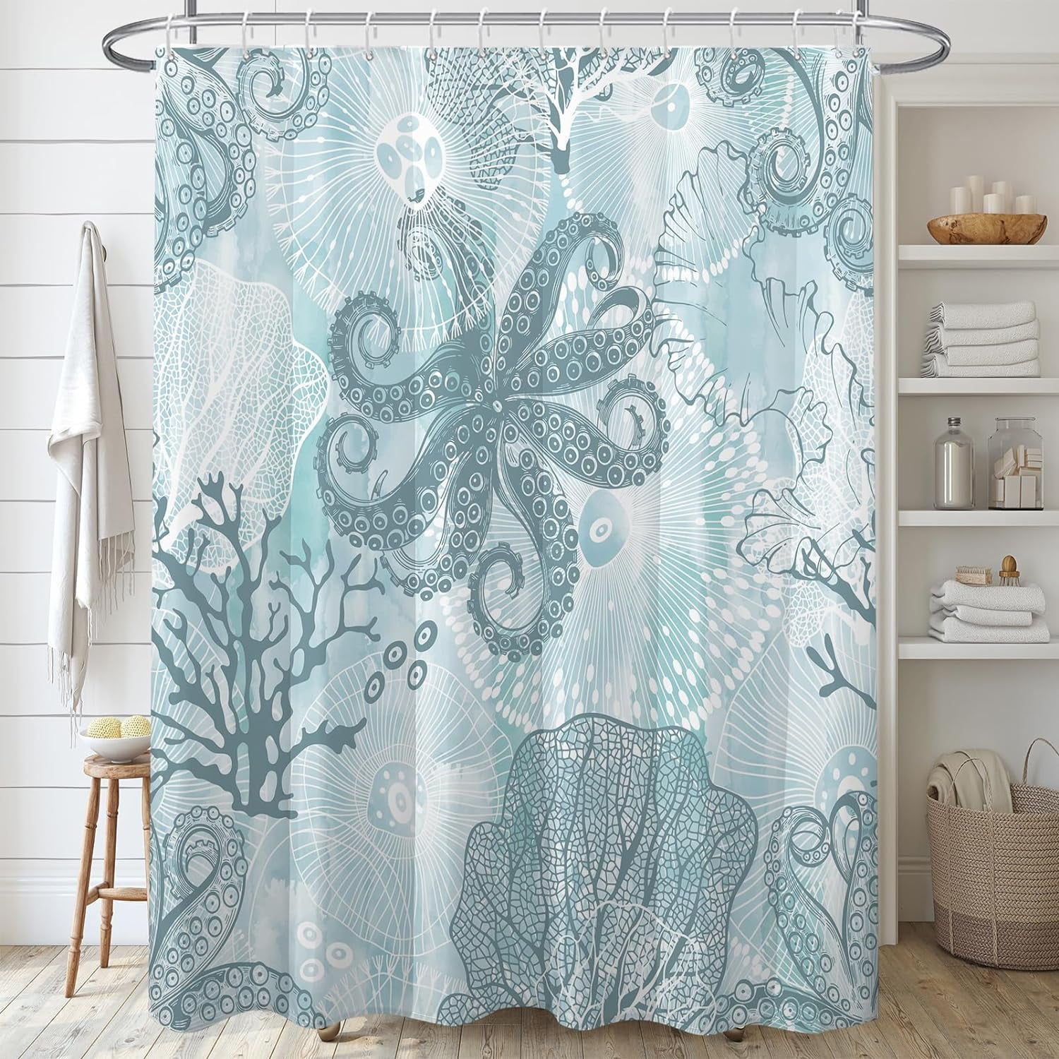 Nautical Coastal Waterproof Fabric Shower Curtain, Starfish Seashell ...