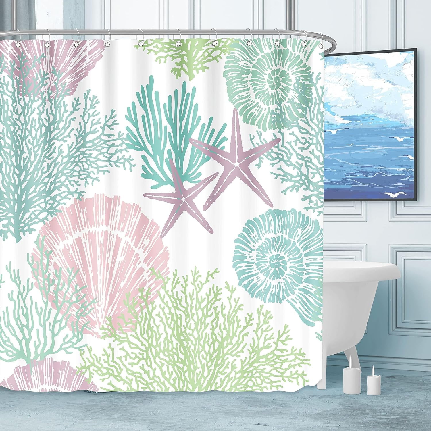Nautical Coastal Waterproof Fabric Shower Curtain Starfish Seashell ...