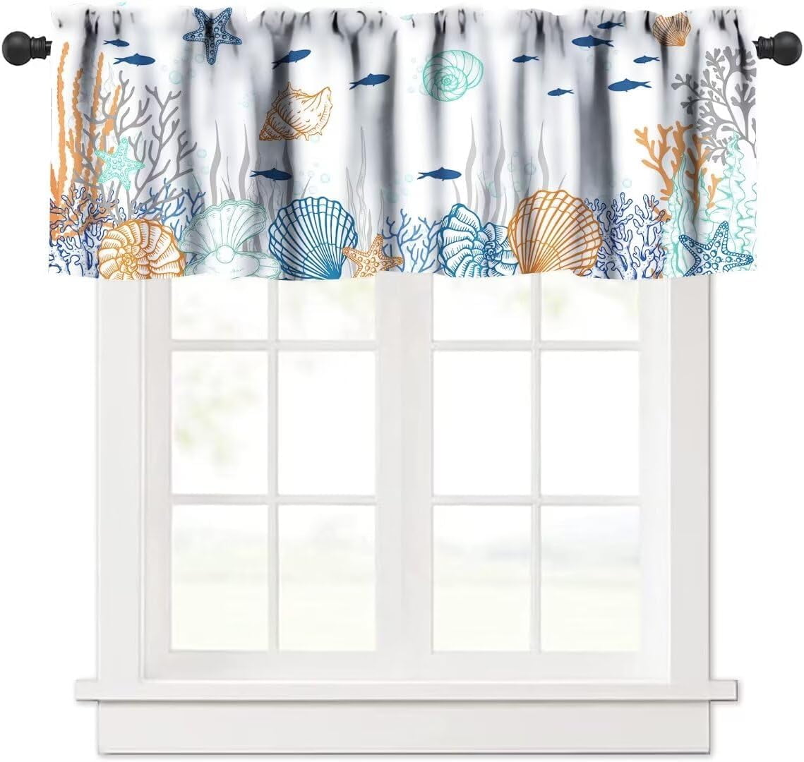 Nautical Coastal Window Valance, Starfish Seashell Coral Beach Themed ...