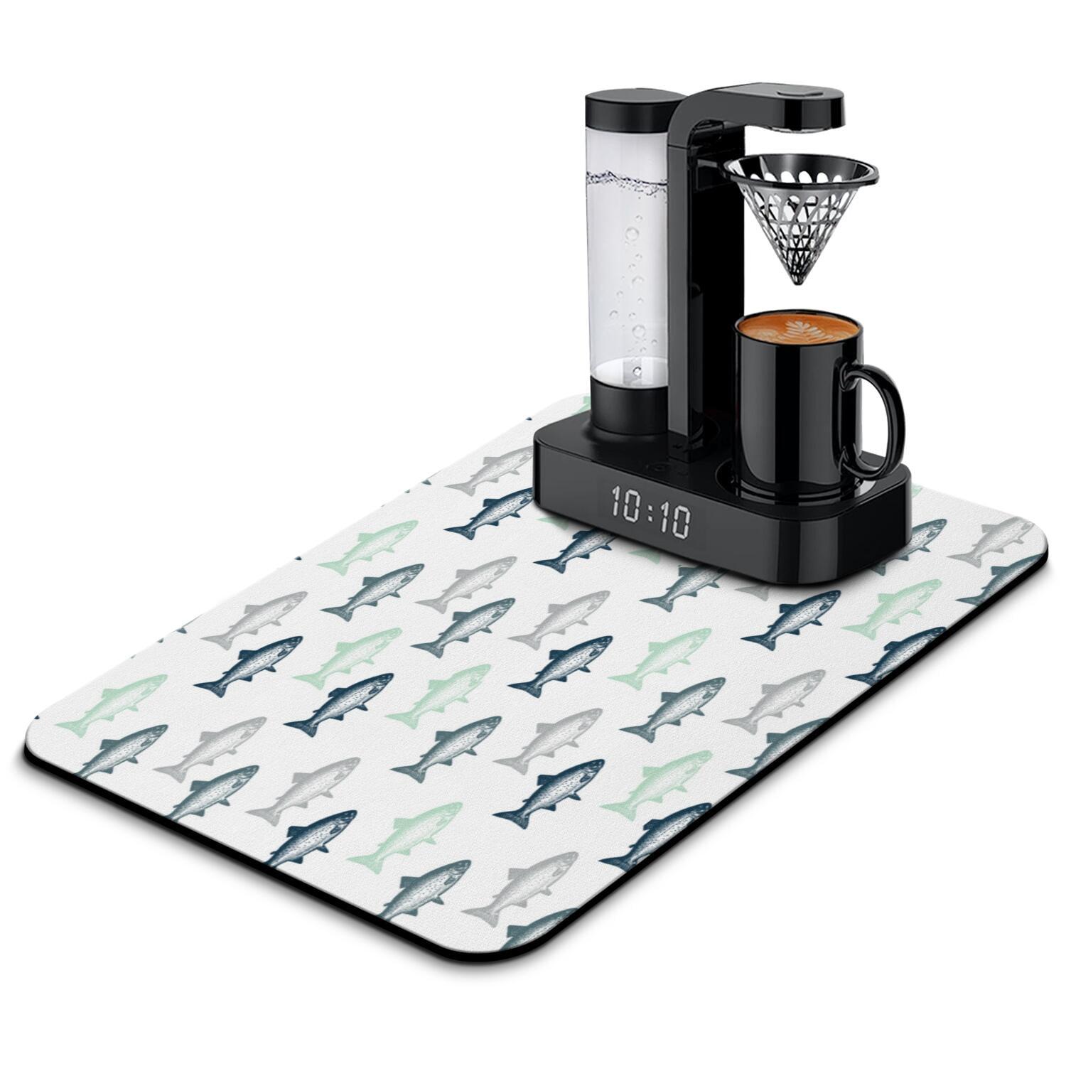 Nautical Coffee Bar Mat - Absorbent Non-Slip Mat with Fish and Anchor ...