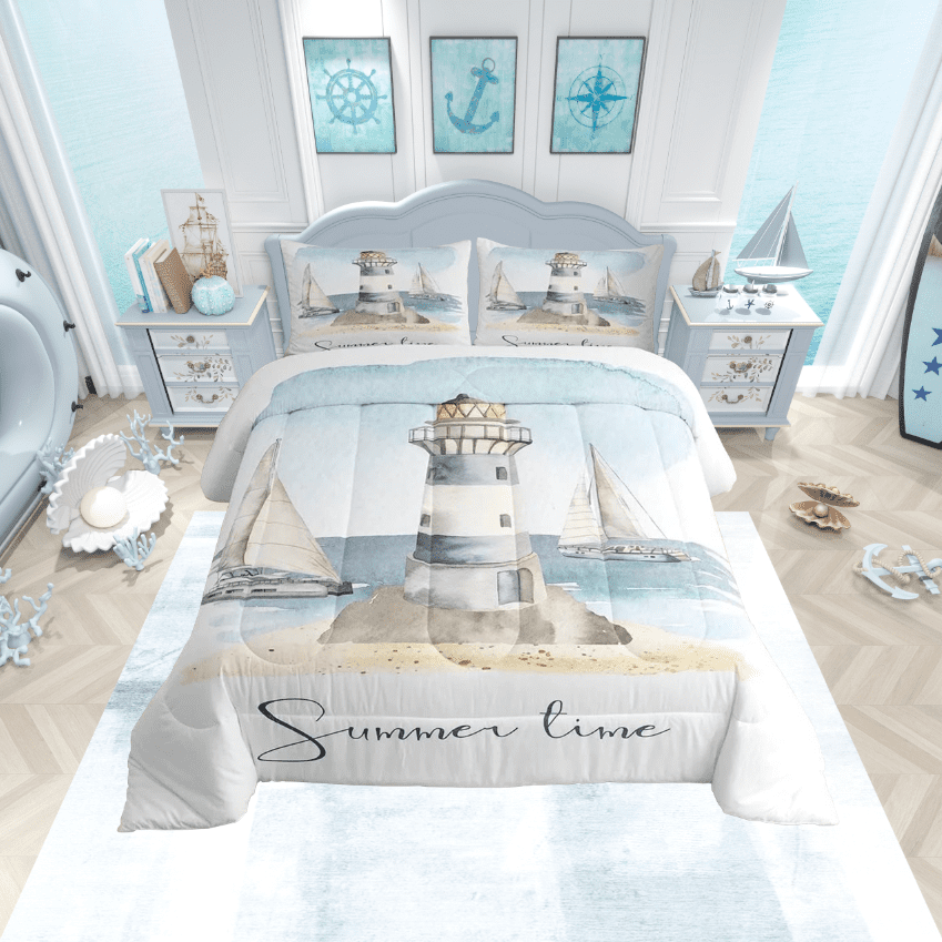 Nautical Comforter Sailboat Lighthouse Bedding Watercolor Ocean Themed ...