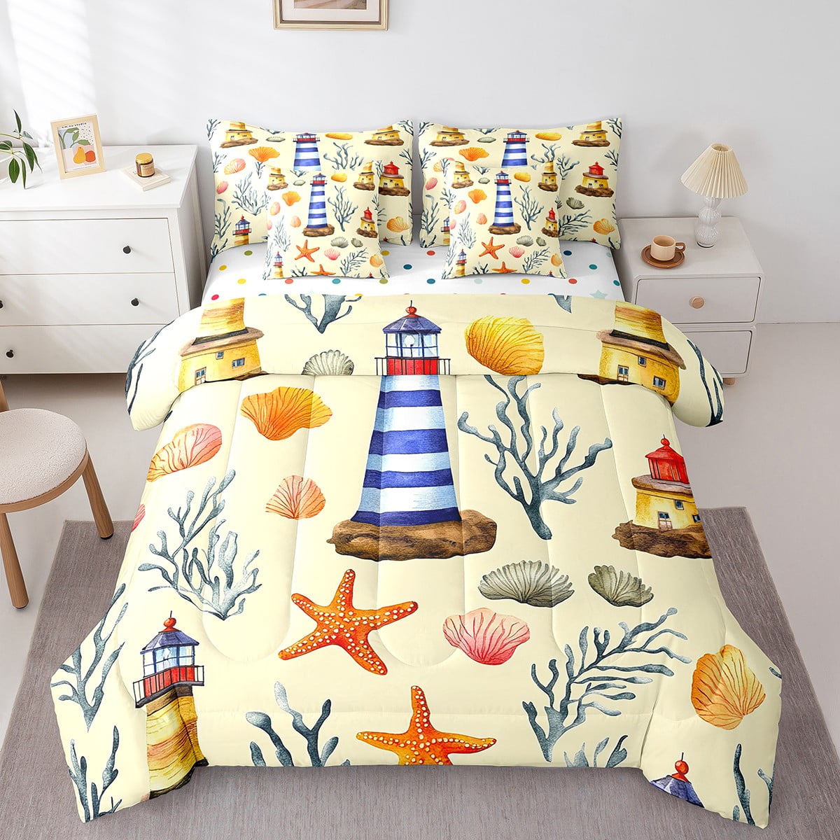 Nautical Comforter Set 7 Piece Bed in a Bag Twin,Lighthouse Bedding Sets Colored Coral Shell ...