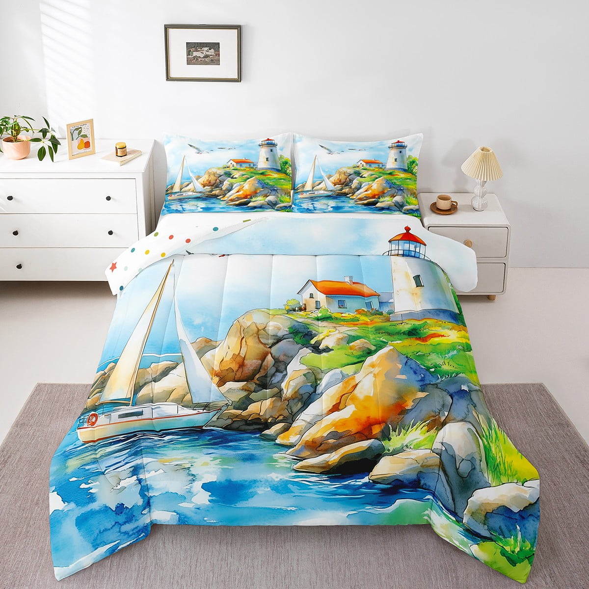 Nautical Comforter Set Full Size,Sea Lighthouse Bedding Set Seagull ...