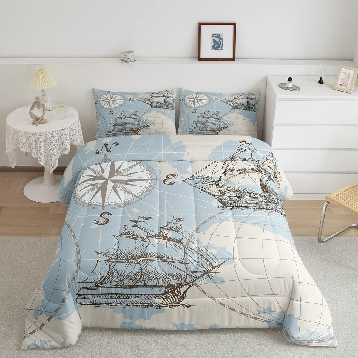 Nautical Comforter Set Full, World Map Bedding Set for Kids Boys Girls Teens, Retro Sailboat ...