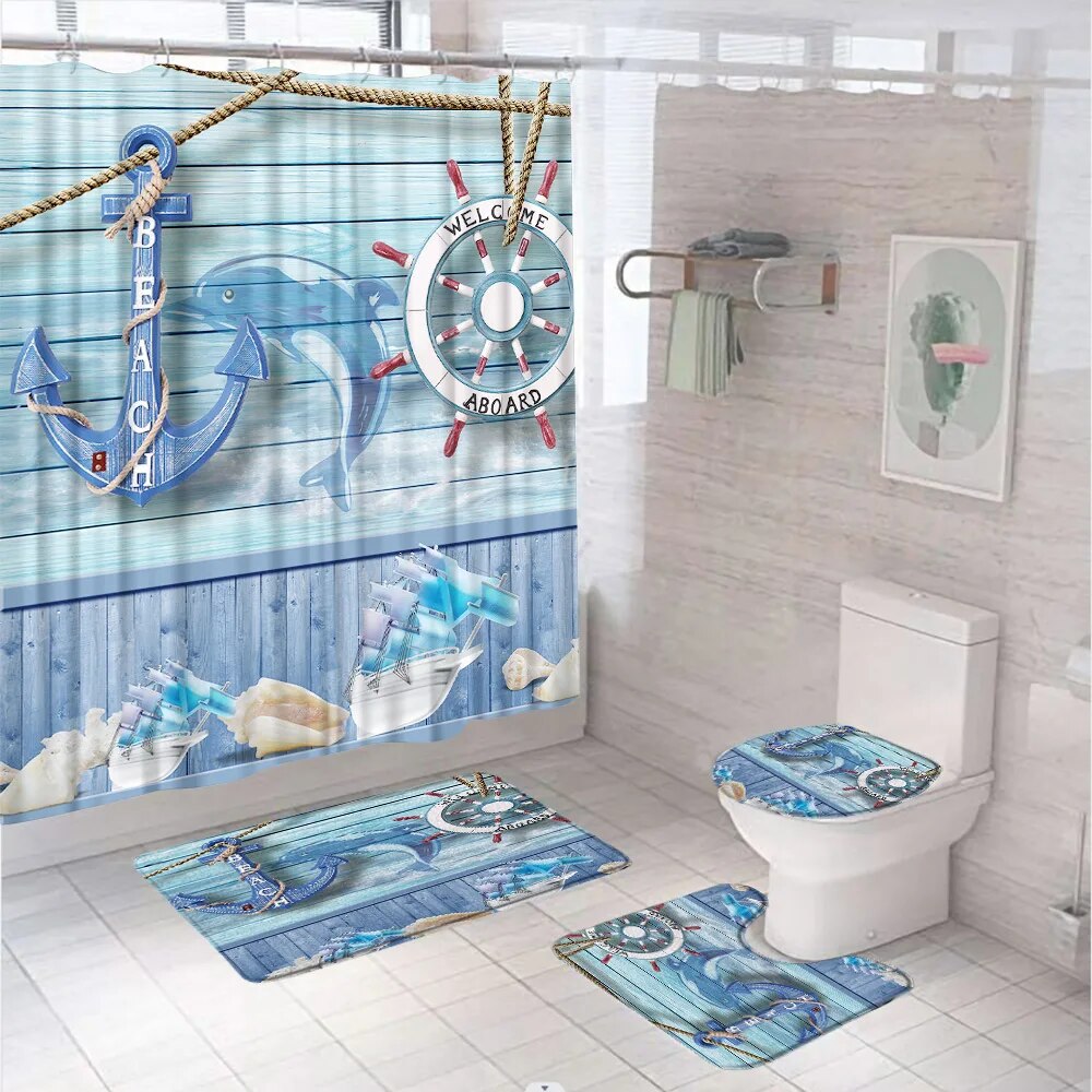 Nautical Compass Anchor Lighthouse Shower Curtains Sets Ocean Sailboat ...