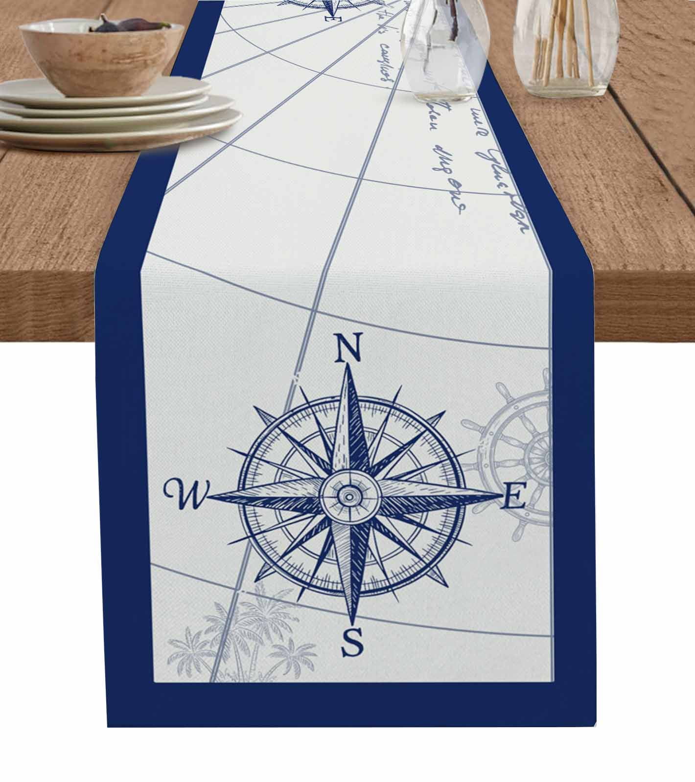 Nautical Compass Burlap Cotton Table Runner 13x120 Inches Long, Navy ...