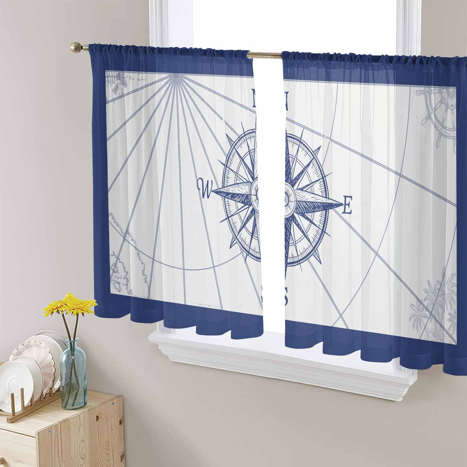 Nautical Compass Semi Sheer Curtains 54 Inch Length 2 Panels Set, Navy ...