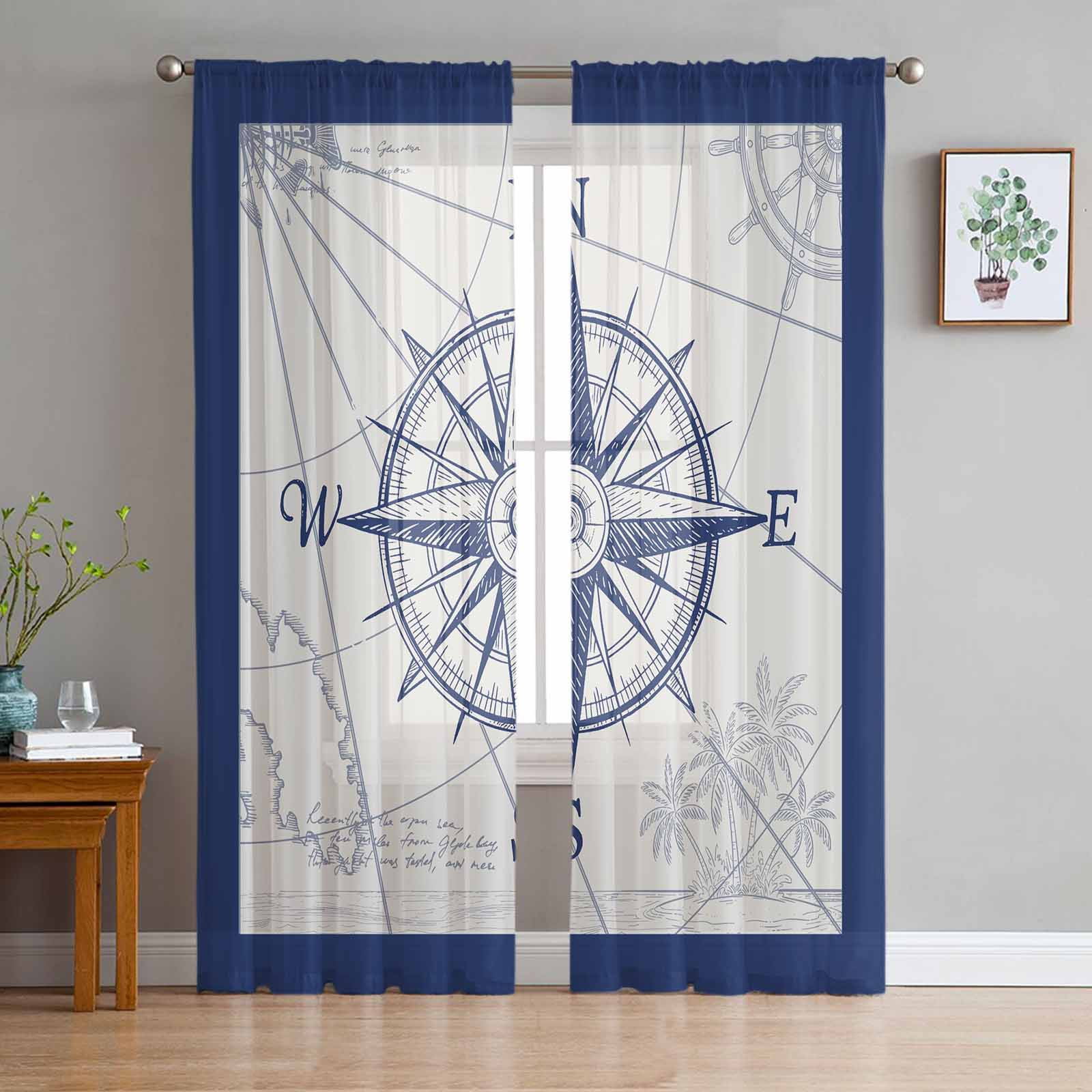 Nautical Compass Semi Sheer Curtains 84 Inch Length 2 Panels Set, Navy ...