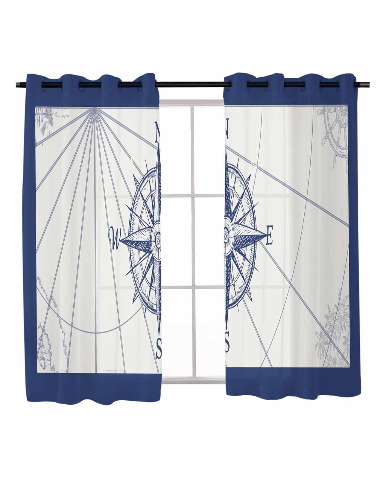 Nautical Compass Sheer Curtains 45 Inch Length 2 Panels Navy Blue Maps Tropical Palm Tree ...