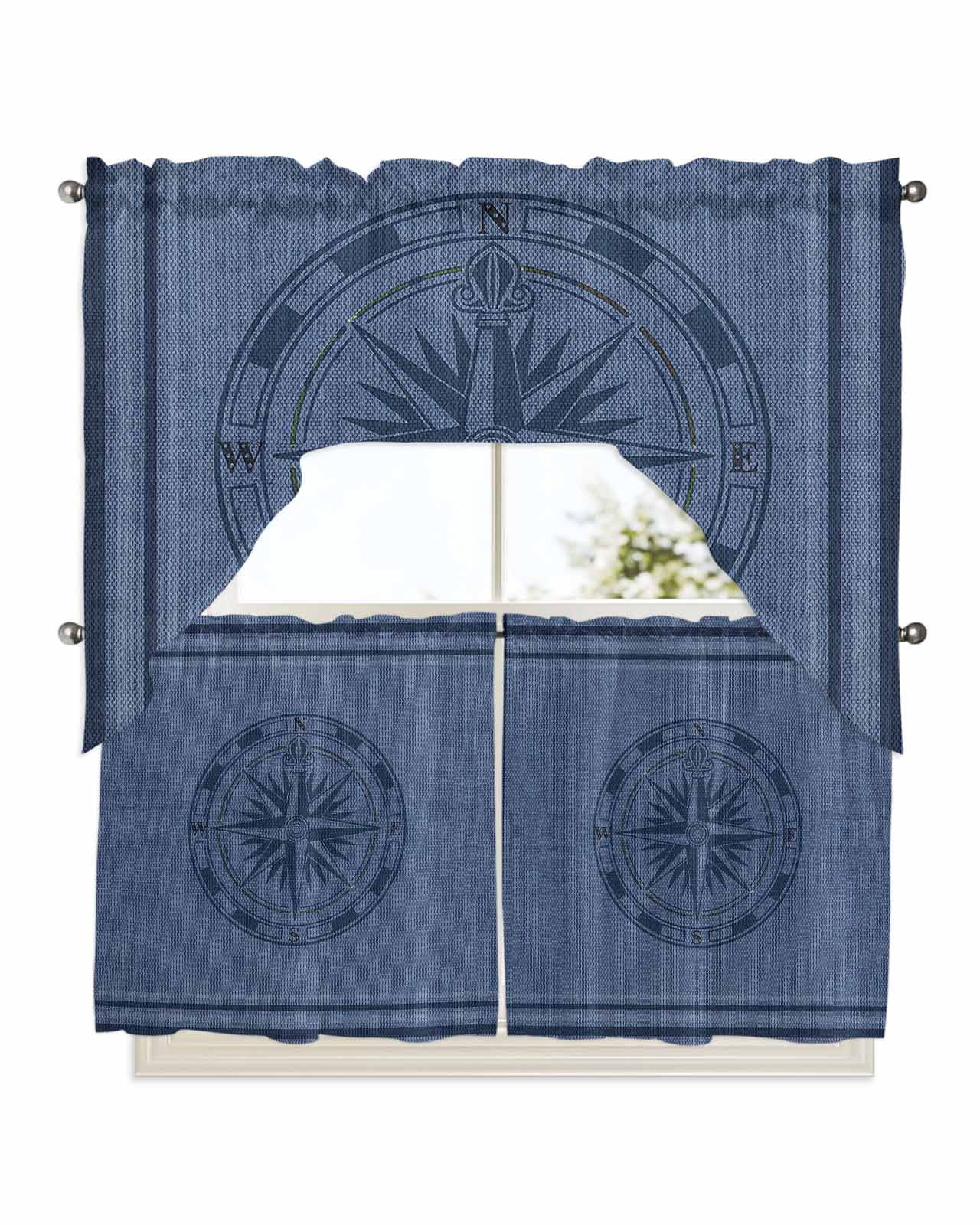 Nautical Compass Swag Valance and Tier Curtains 24'' Length Set, Navy ...