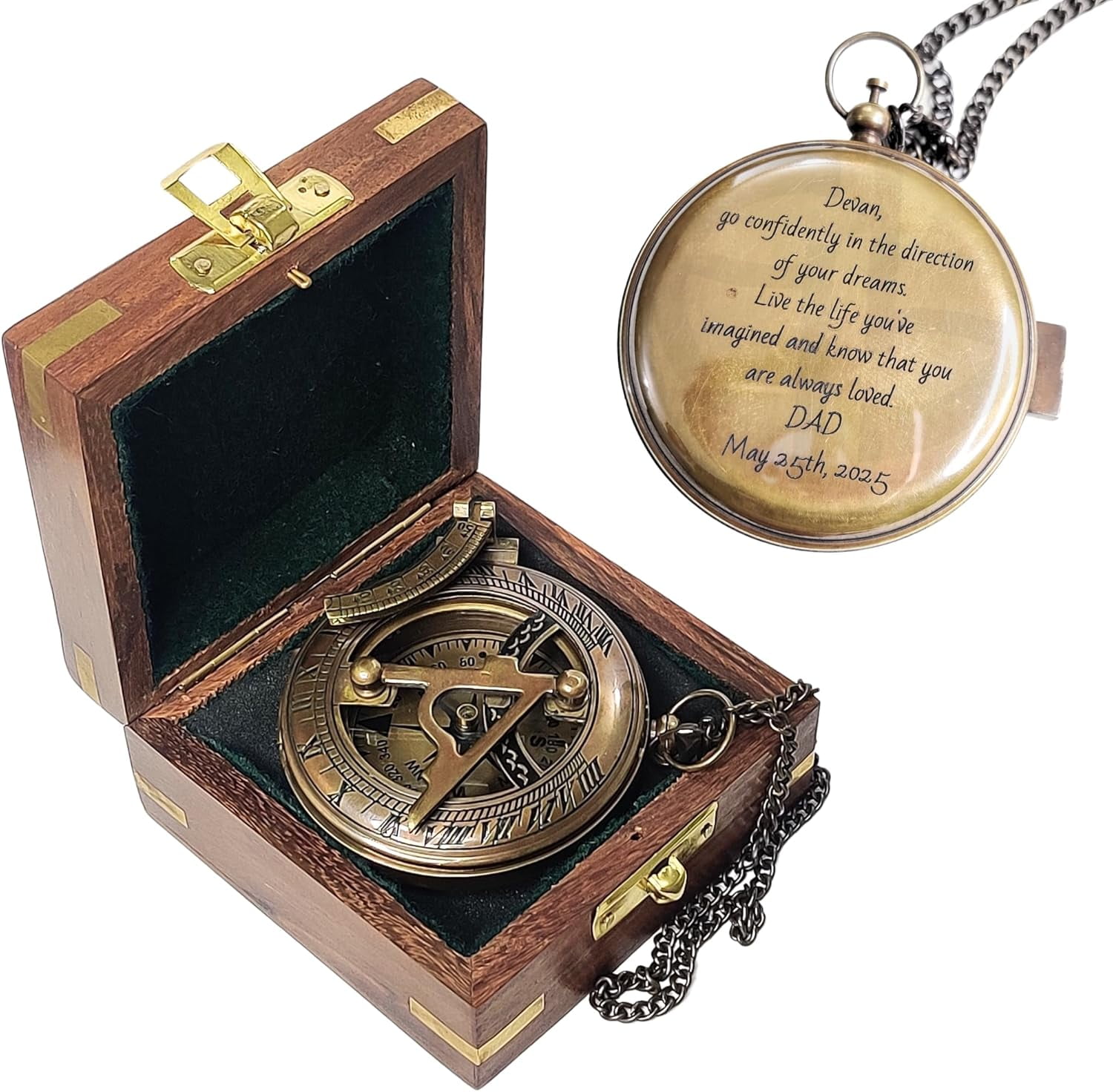 Nautical Compass with Wooden Box and Chain – Customizable Engraved Gift ...