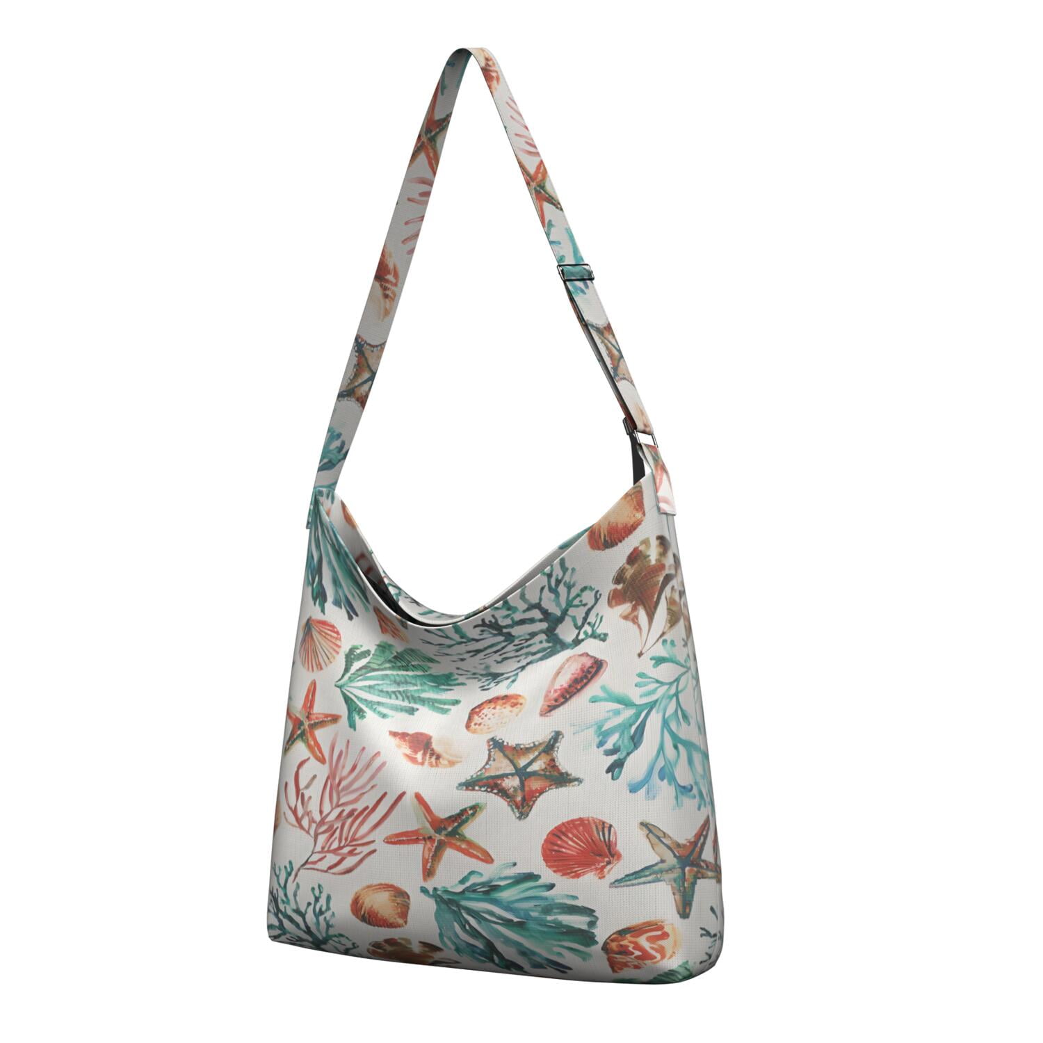Nautical Coral Canvas Tote Bag – Tropical Seahorse and Starfish Print with Beach Seashells and ...