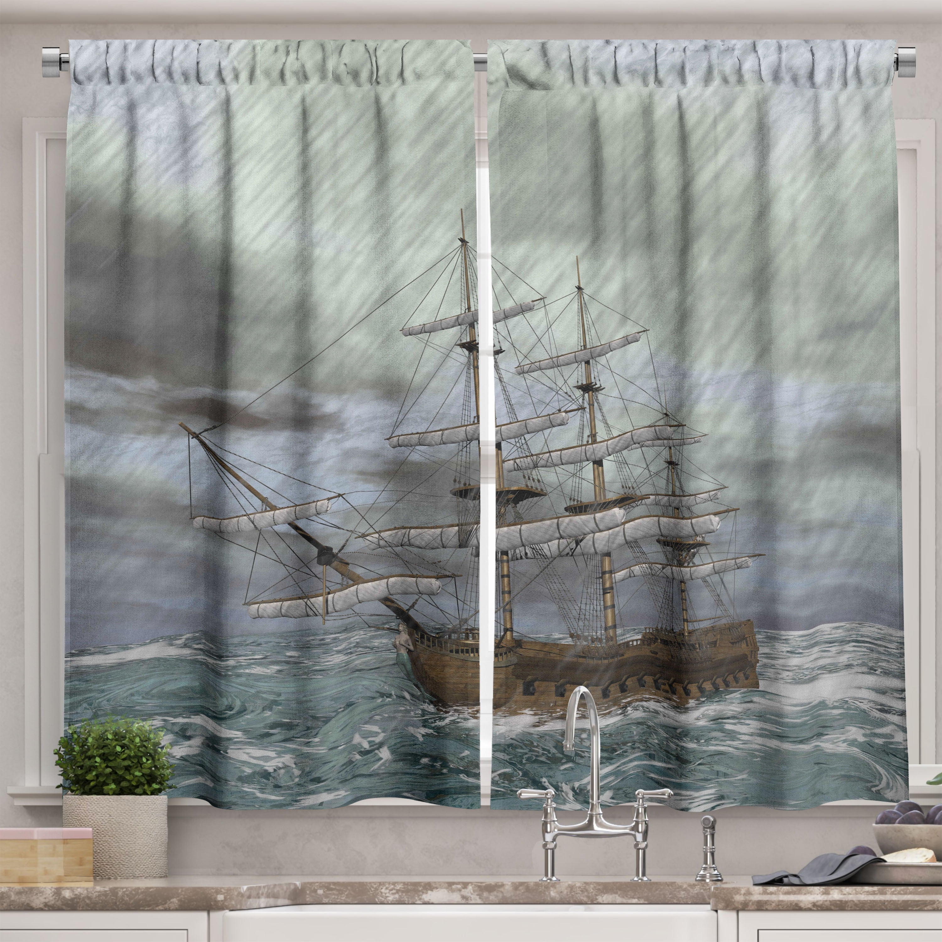 Nautical Curtains 2 Panels Set, Old Ship on the Ocean in Wave Rainy ...