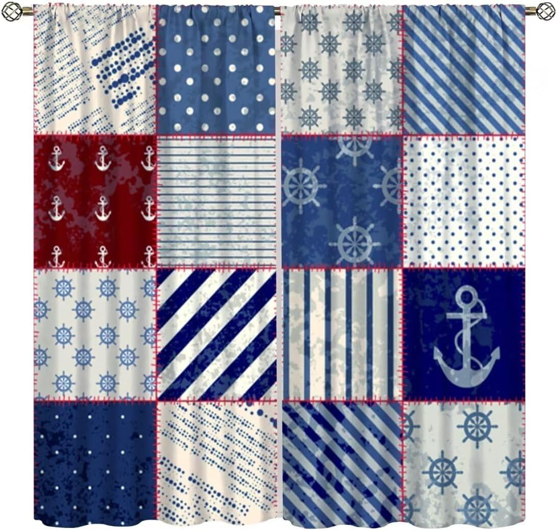 Nautical Curtains,Ocean Theme Navy Anchor Strip Design Marine Pattern ...