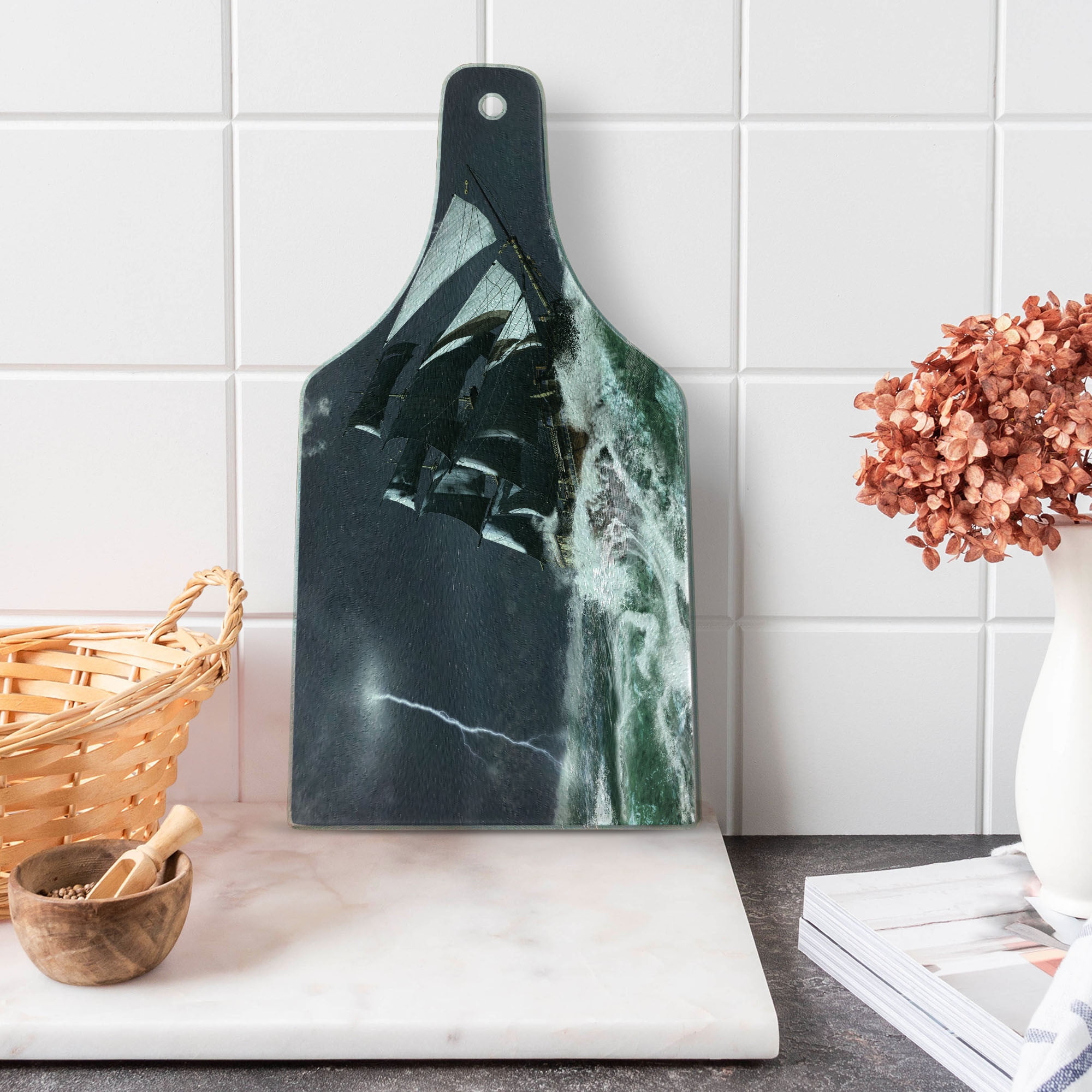 Nautical Cutting Board, Big Ship on Wavy Ocean in a Stormy Weather with ...