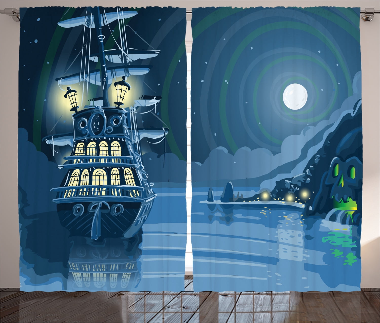 Ambesonne Cartoon Curtains 2 Panel Set, Pirate Ship Moon, 108" x 84 ...