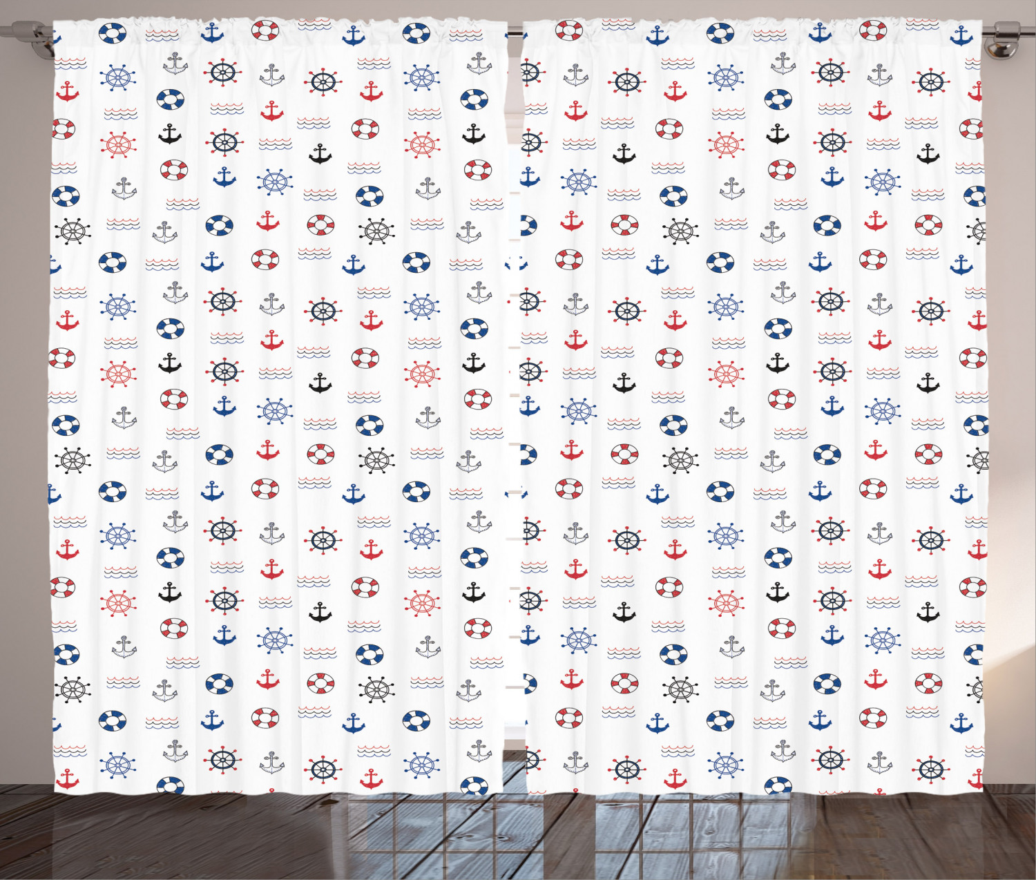 Nautical Decor Curtains 2 Panels Set, Marine Elements Featured Lifebuoy ...