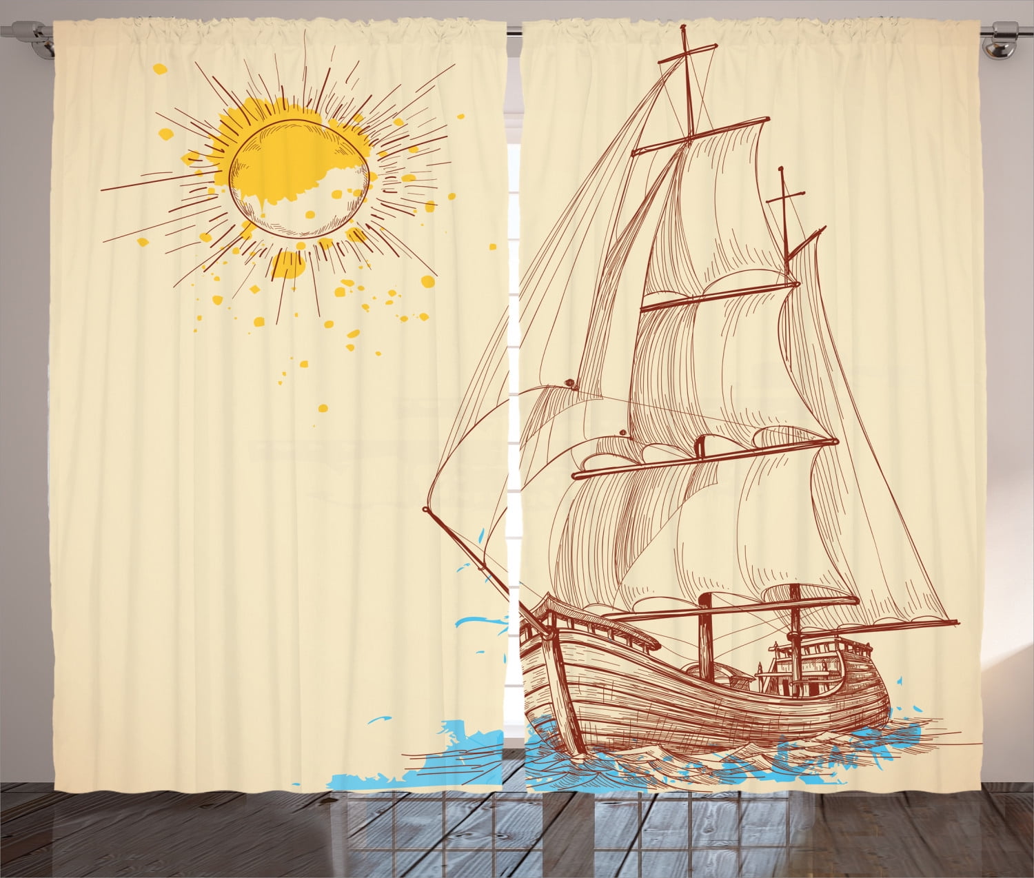 Ambesonne Nautical Curtains 2 Panel Set, Boat in Windy Sea Sun, 108" x ...